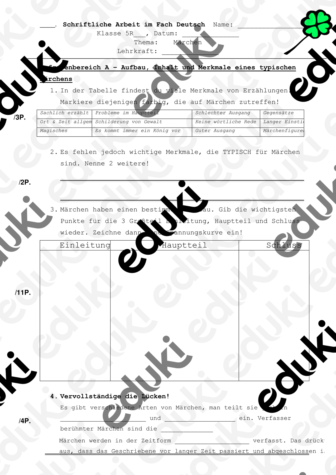 Deutscharbeit zum Thema "Märchen" inkl. Bewertungsraster ...