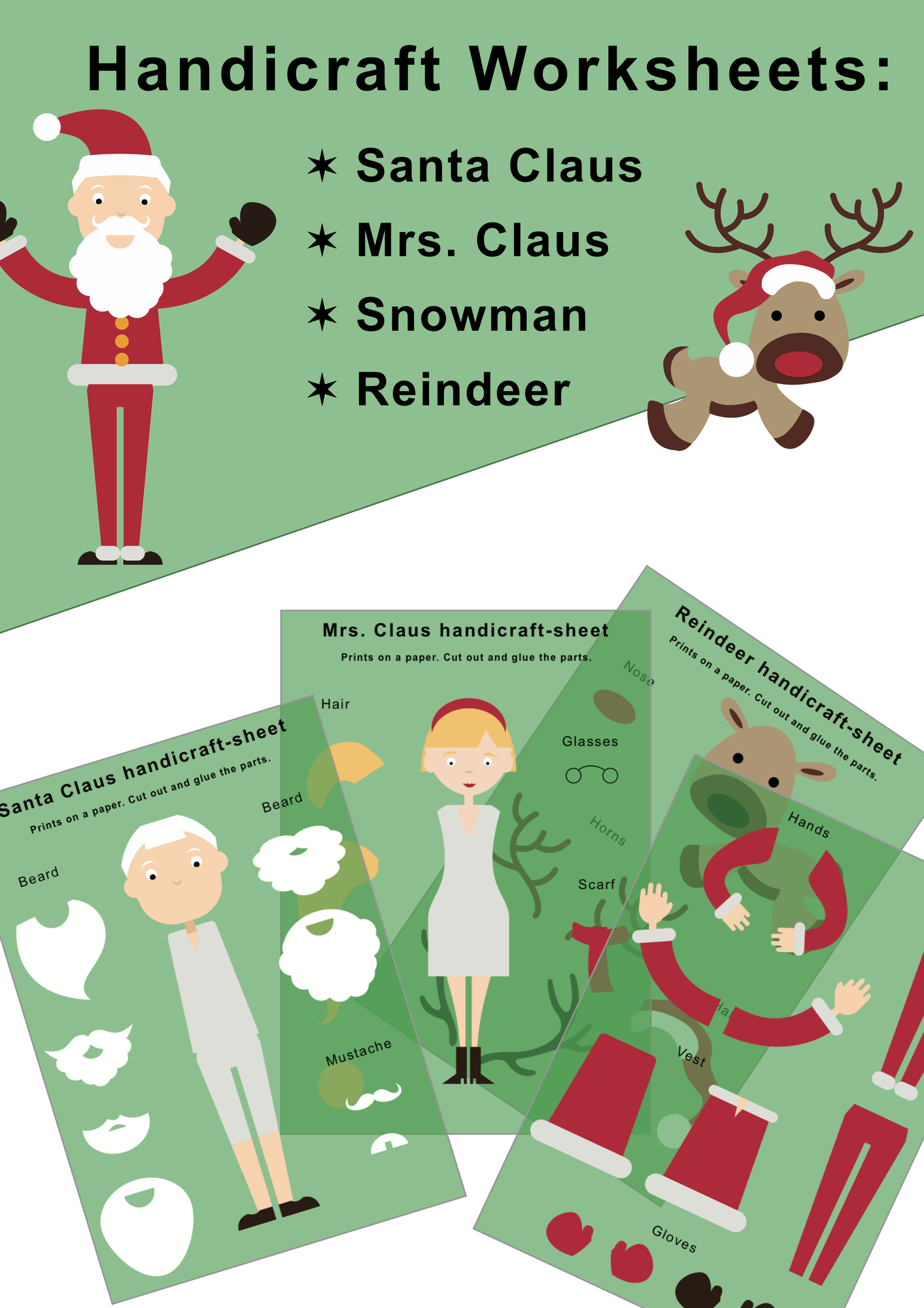 Santa Claus, Mrs. Claus, Snowman, Reindeer handicraft worksheets ...