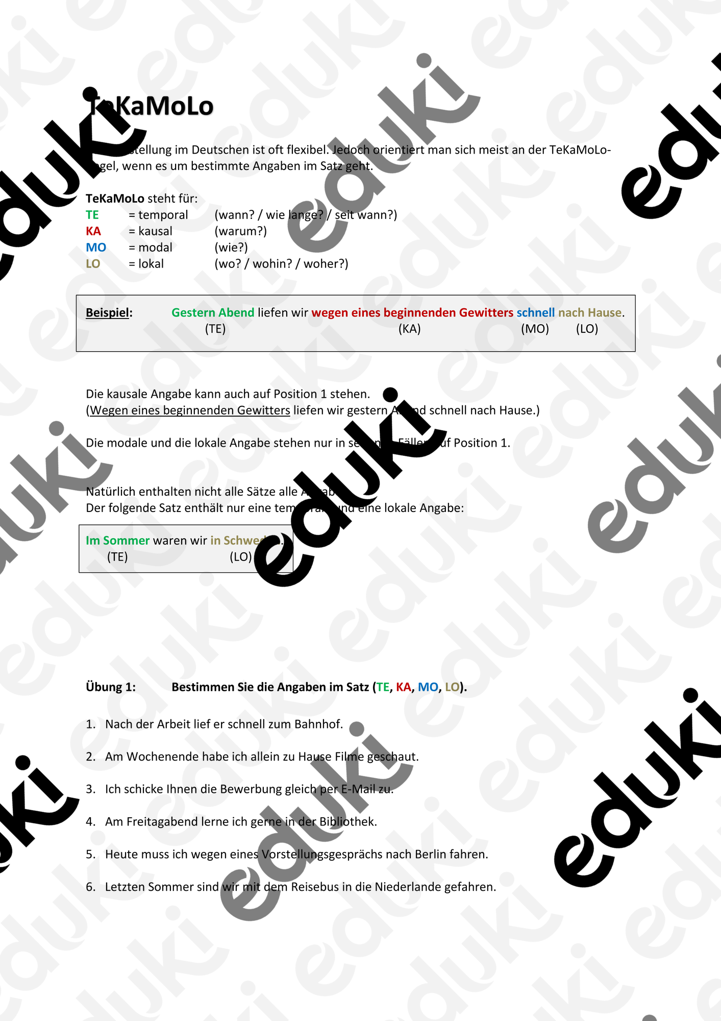 B1 / B2 TeKaMoLo Regel + Übungen – Unterrichtsmaterial im Fach DaZ/DaF
