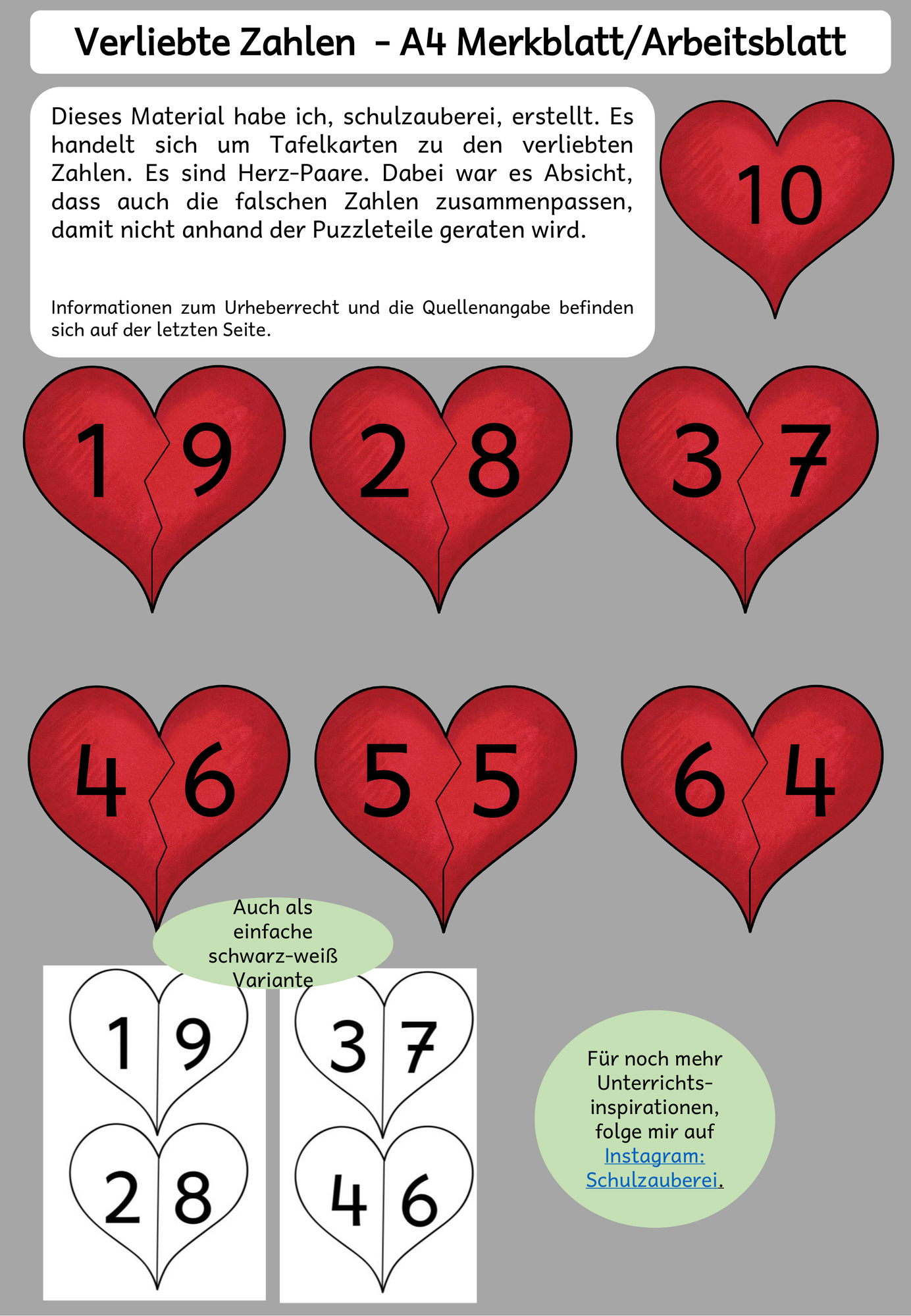 Verliebte Zahlen Tafelherzen – Unterrichtsmaterial im Fach Mathematik