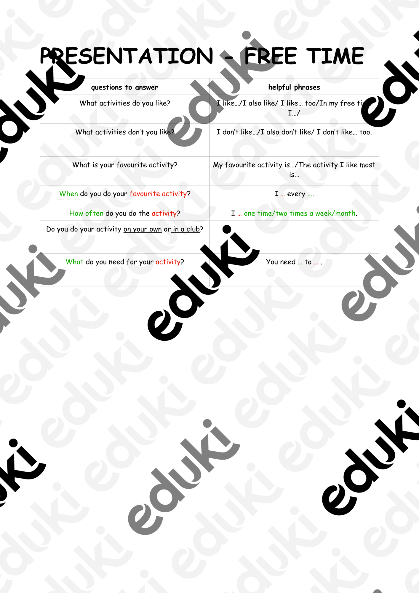 Presentation free time – Unterrichtsmaterial im Fach Englisch