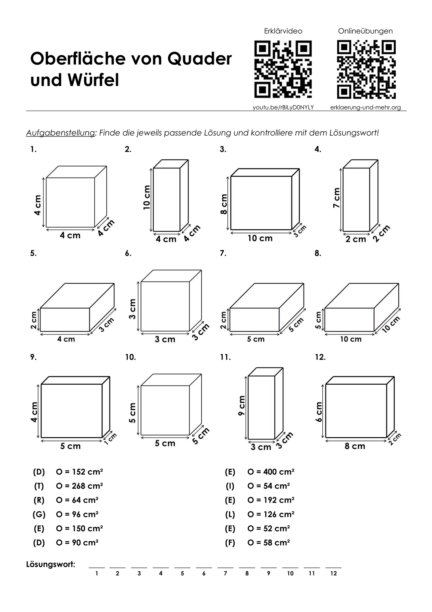 Volumen und Oberfläche von Quader und Würfel - Arbeitsblatt mit ...