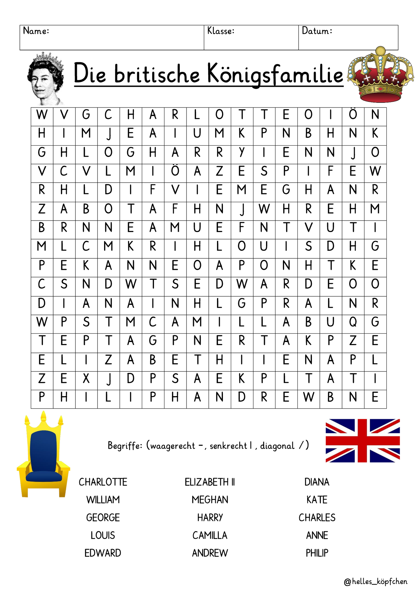 The Royal Family / Die britische Königsfamilie Suchsel Buchstabengitter ...