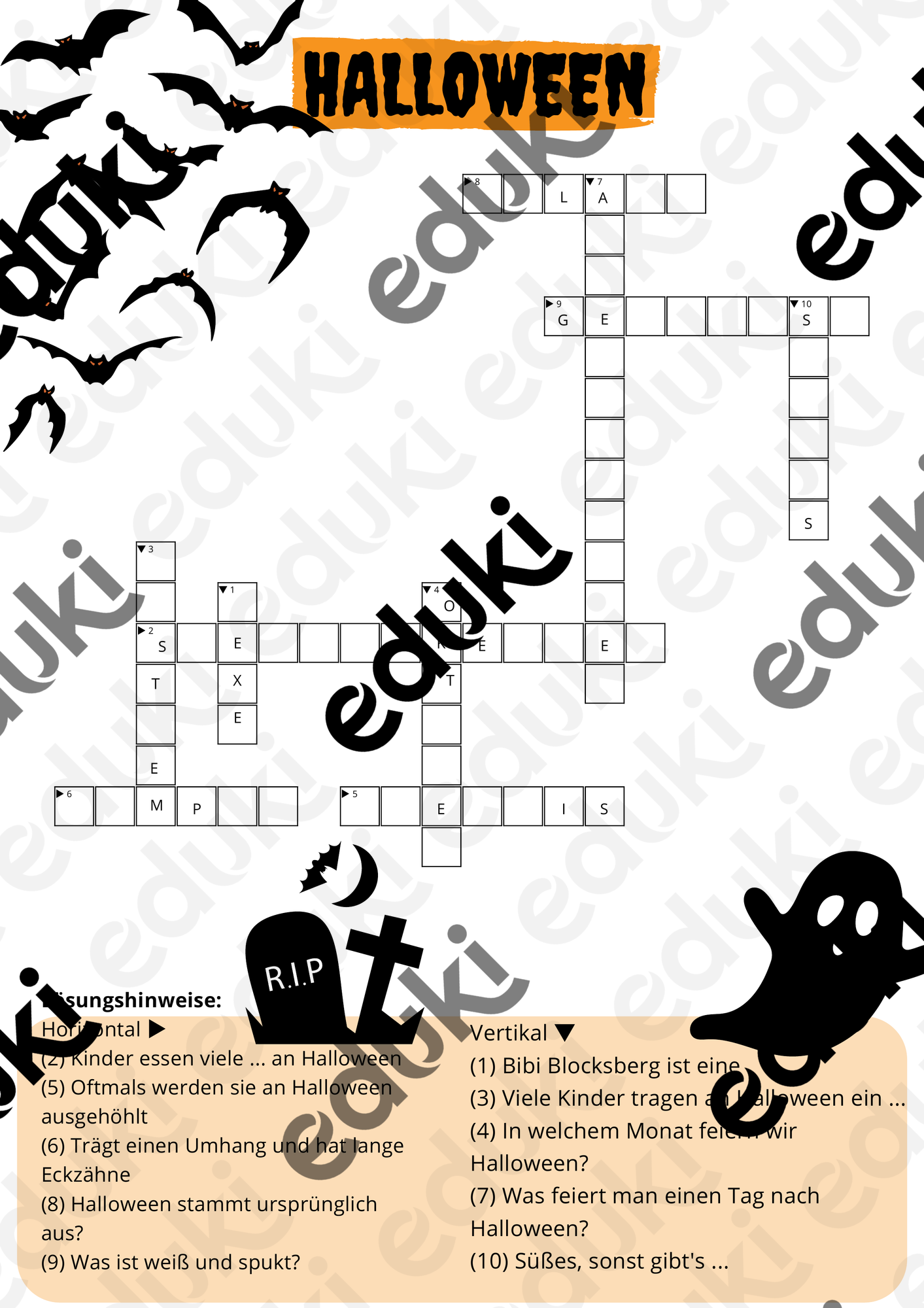 Kreuzworträtsel Halloween - leicht – Unterrichtsmaterial in den Fächern ...