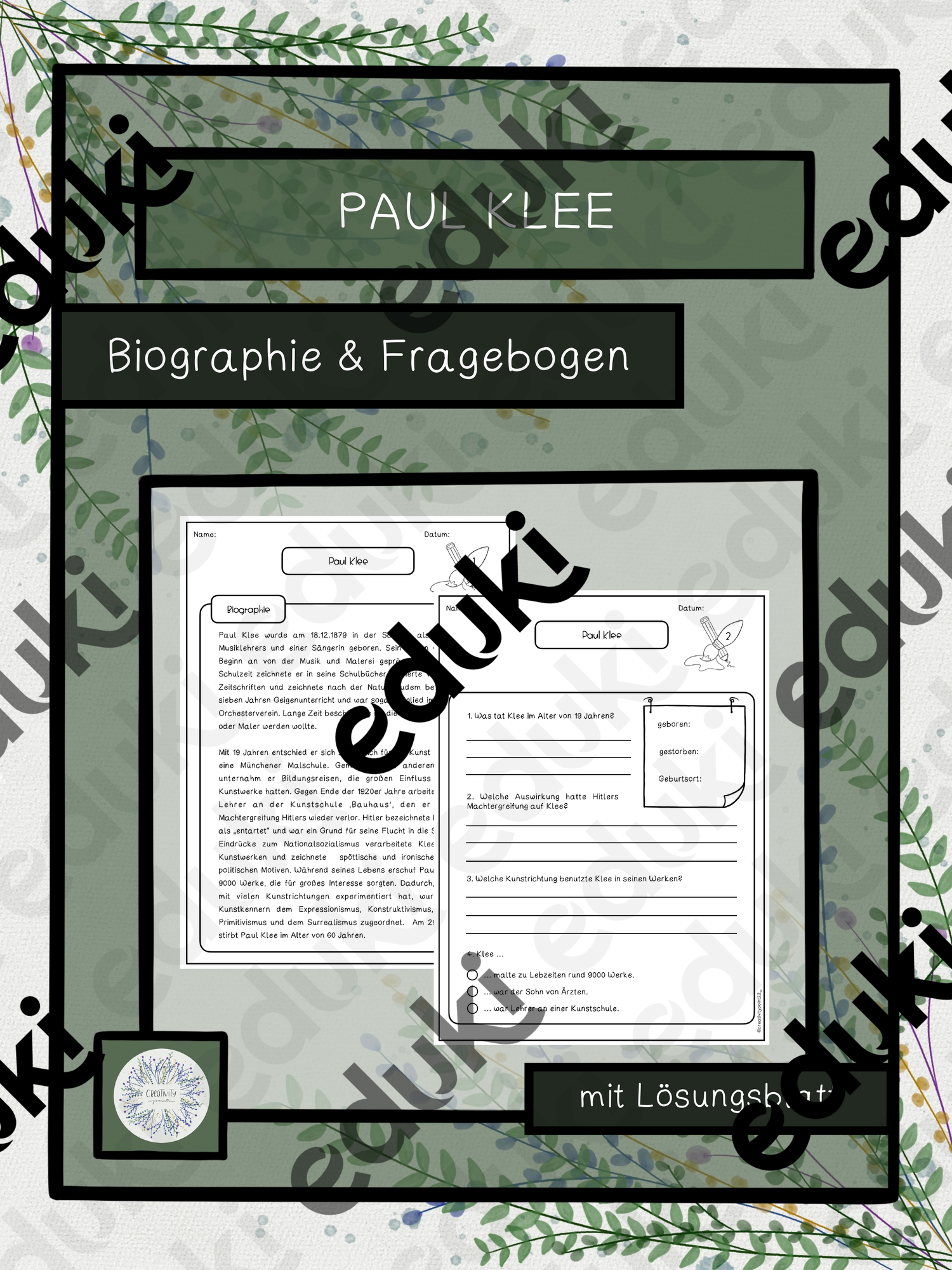 Paul Klee (Biographie und Fragebogen) – Unterrichtsmaterial im Fach Kunst
