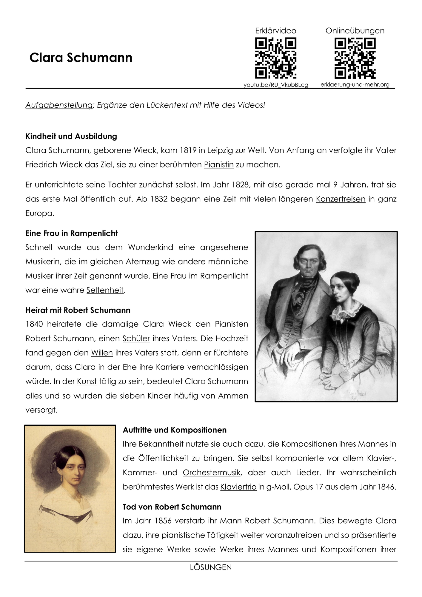 Clara Schumann (Arbeitsblatt mit Erklärvideo) – Unterrichtsmaterial im ...