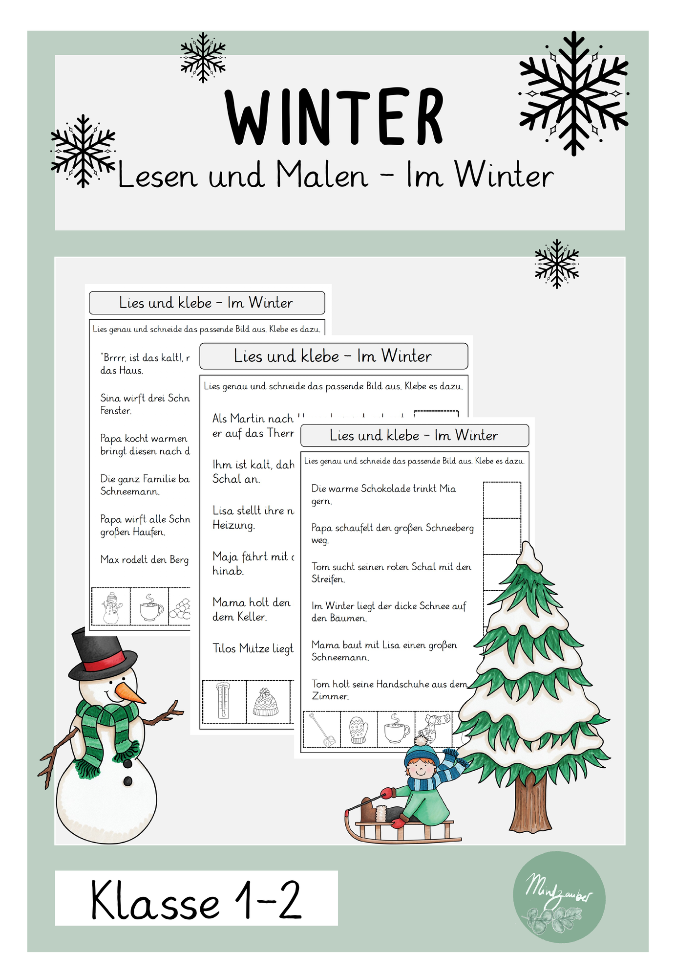 Leseverständnis Winter Lesen und kleben Klasse 1/2 ...