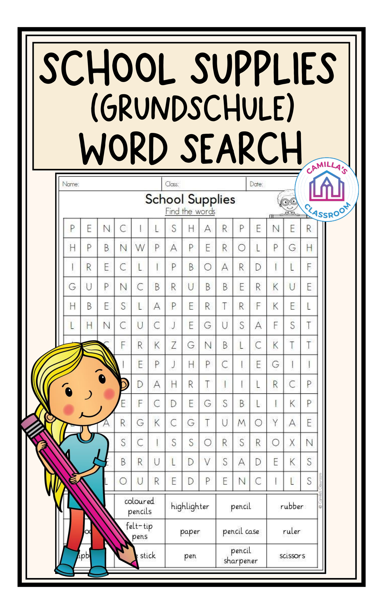 School Supplies (Grundschule) - Word Search – Unterrichtsmaterial im ...