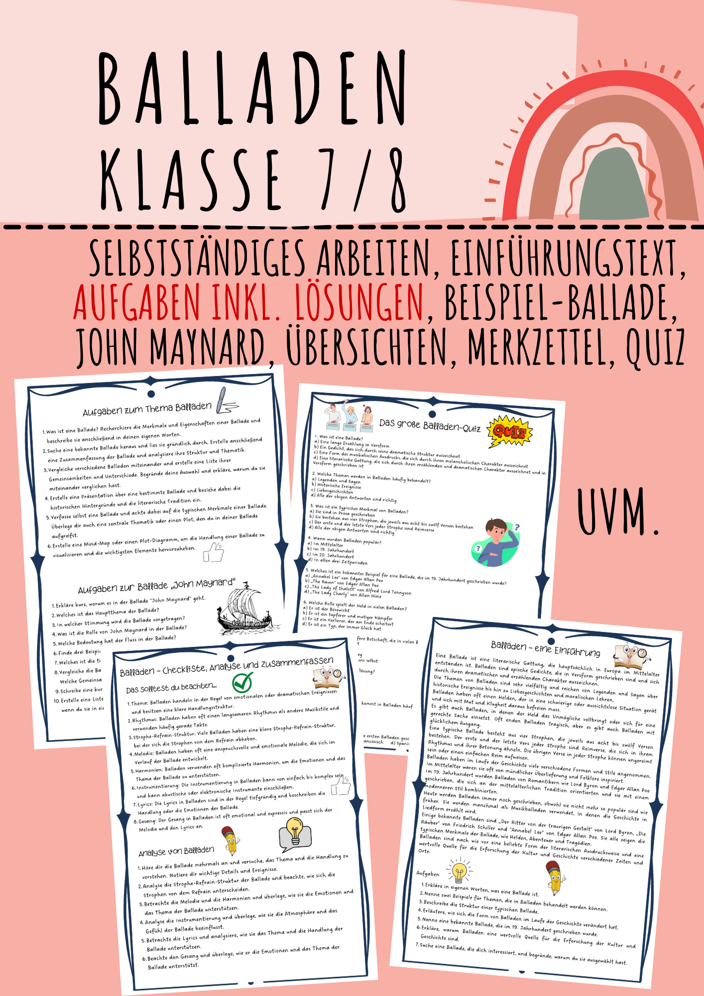 Balladen - Infotext, Merkzettel, Aufgaben, Ballade zum Üben ...