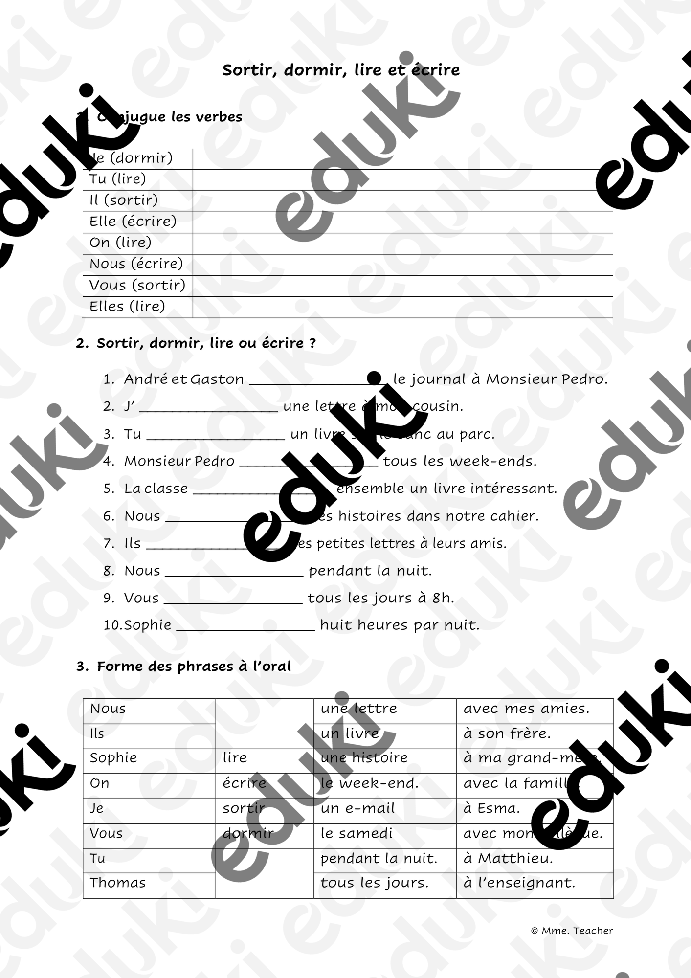 Sortir, dormir, lire et écrire - exercices – Unterrichtsmaterial im ...