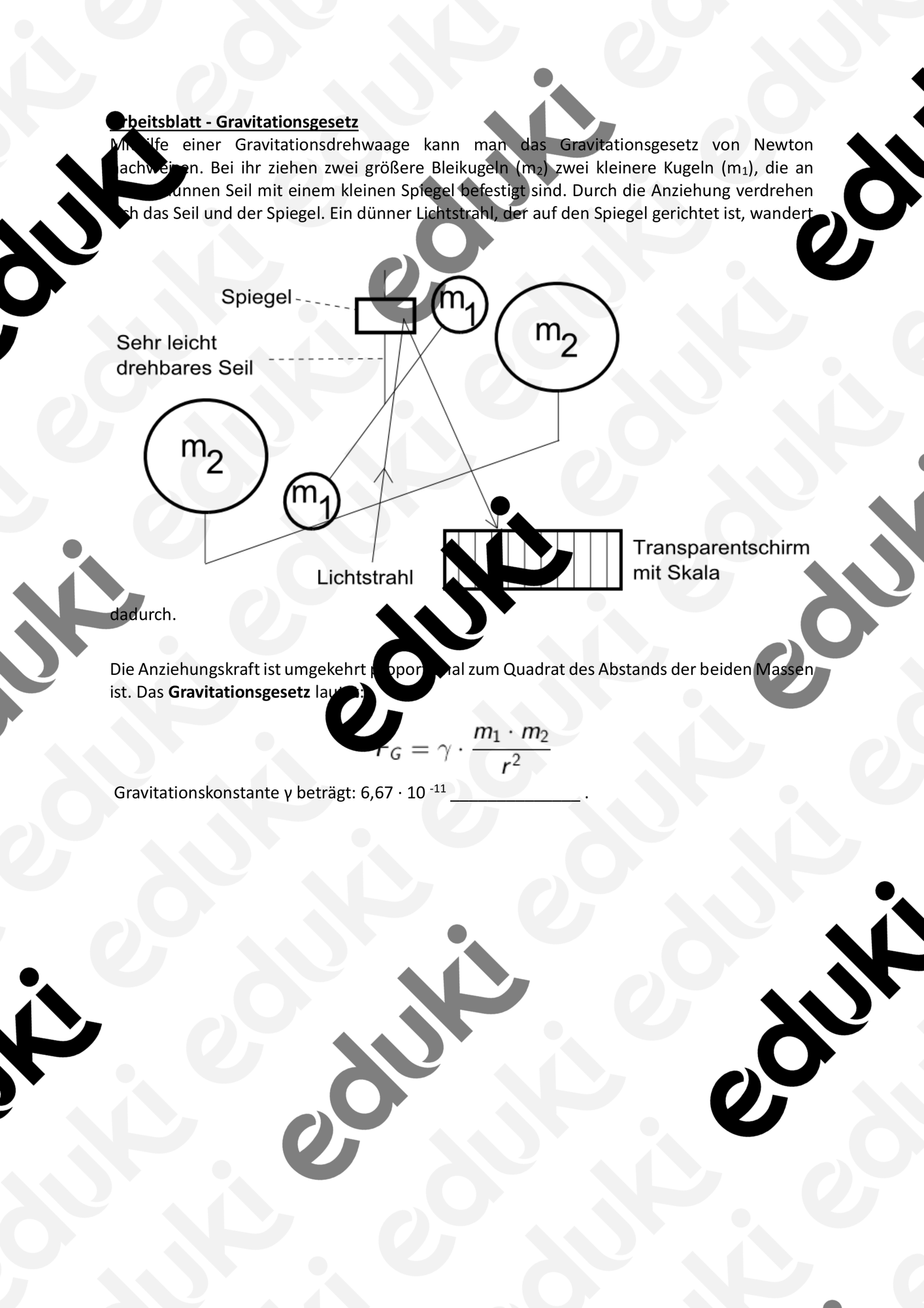 Arbeitsblatt - Gravitationsgesetz – Unterrichtsmaterial im Fach Physik