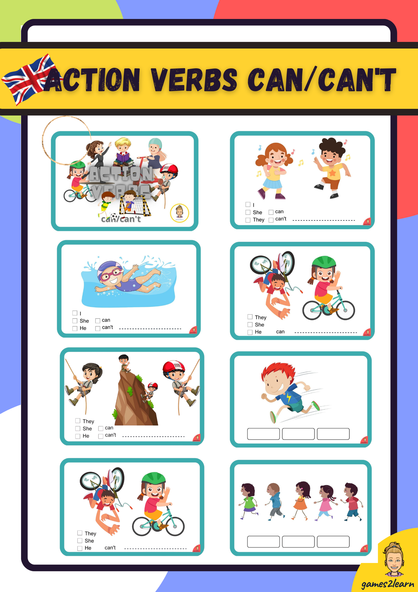 Action verbs - can/can't cards - material de la siguiente asignatura ...