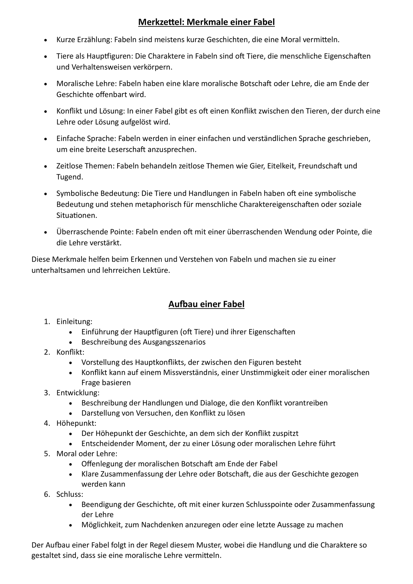Aufbau einer Fabel - Merkblatt – Unterrichtsmaterial im Fach Deutsch