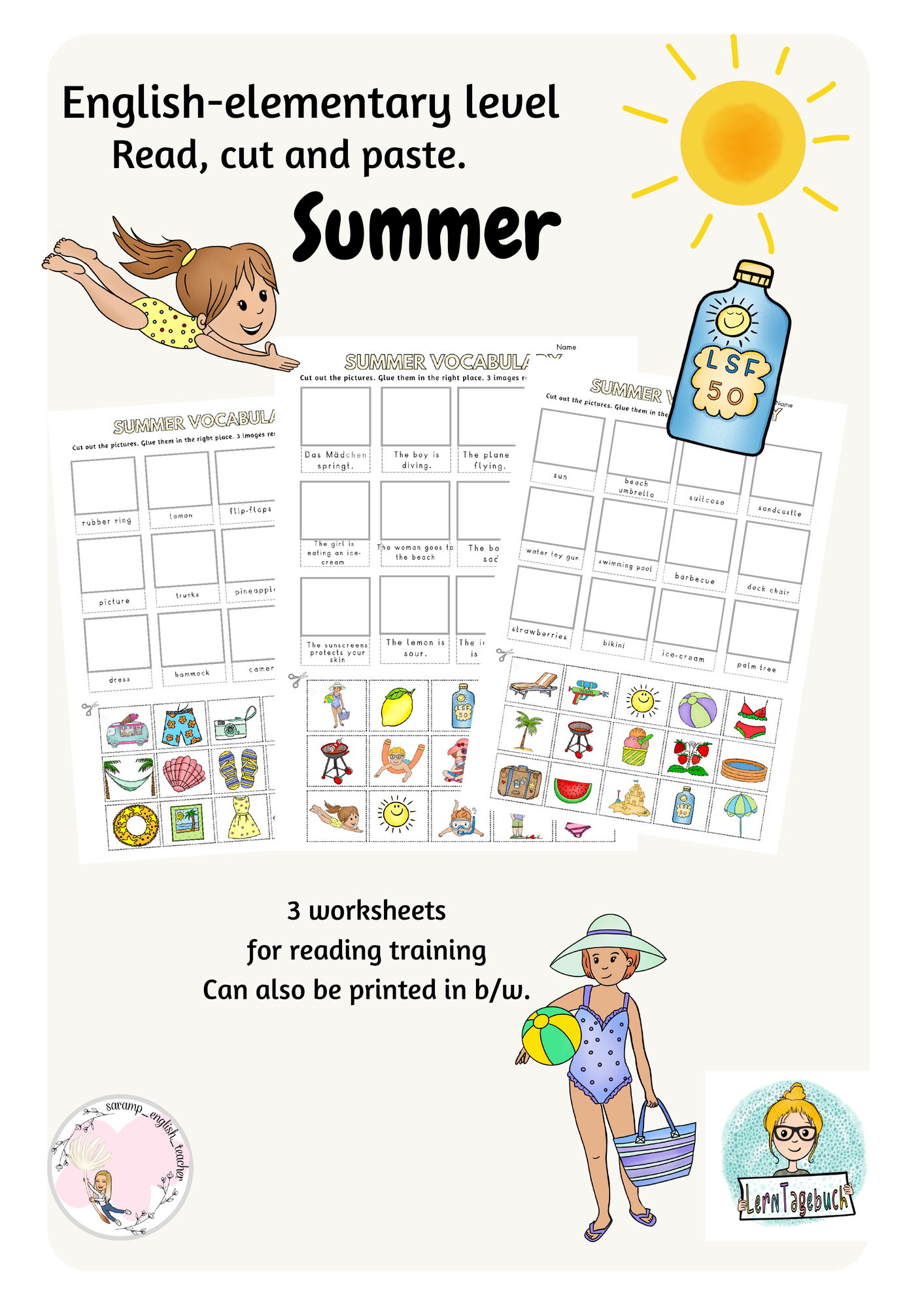 Englisch: vocabulary , reading training summer / Lesen-Schneiden-Kleben ...