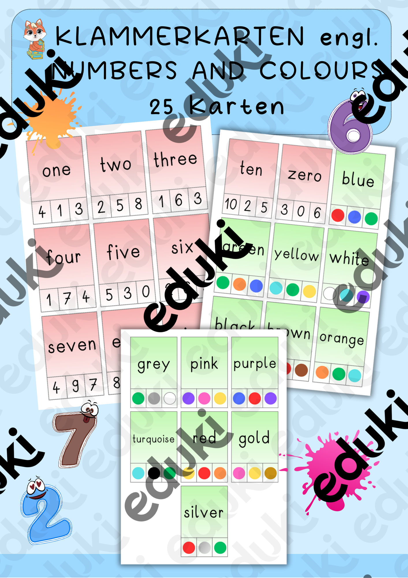 Farben und Zahlen, Colours and numbers, Klammerkarten engl ...