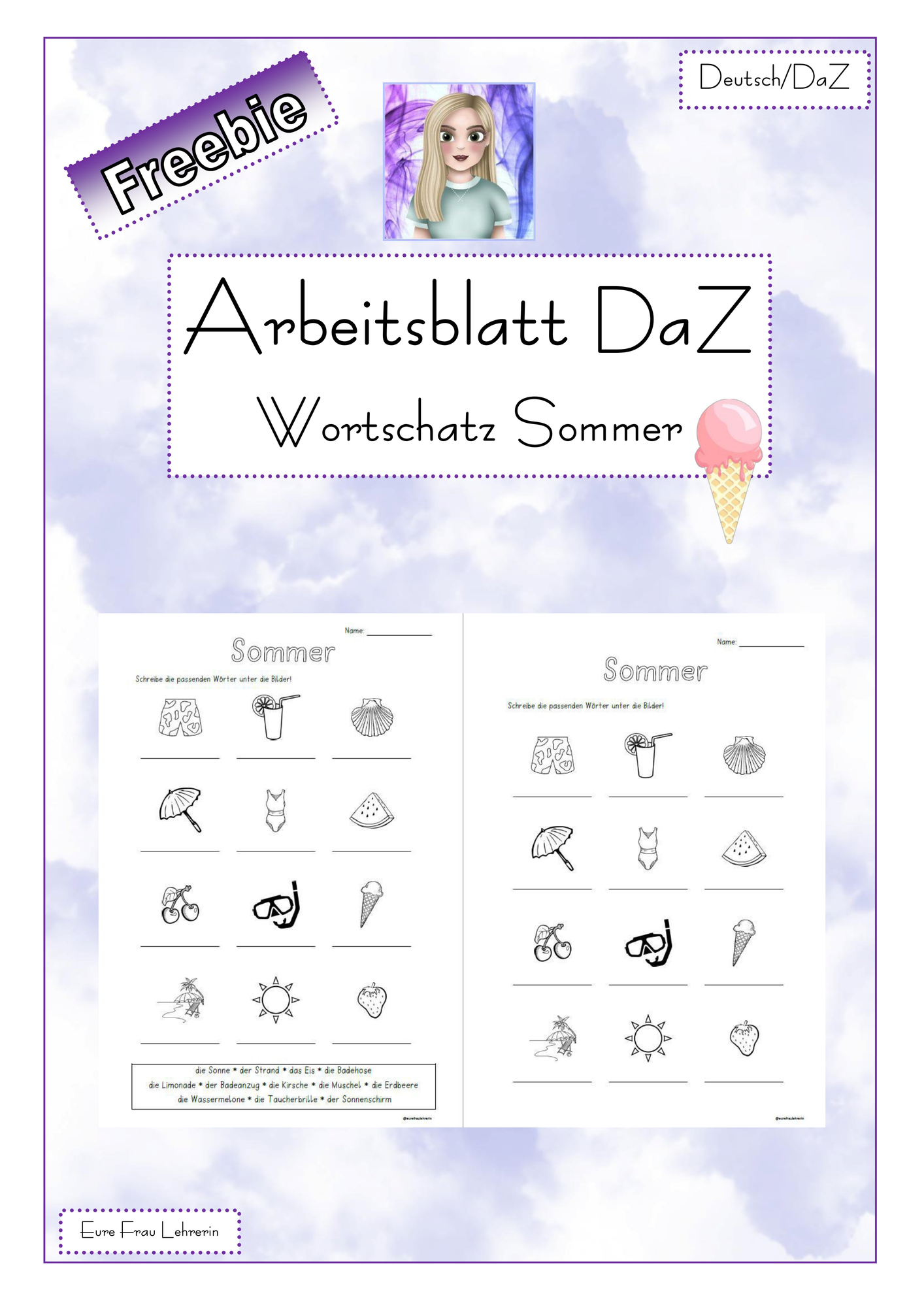 Freebie - DaZ - Arbeitsblatt - Wortschatz Sommer – Unterrichtsmaterial ...