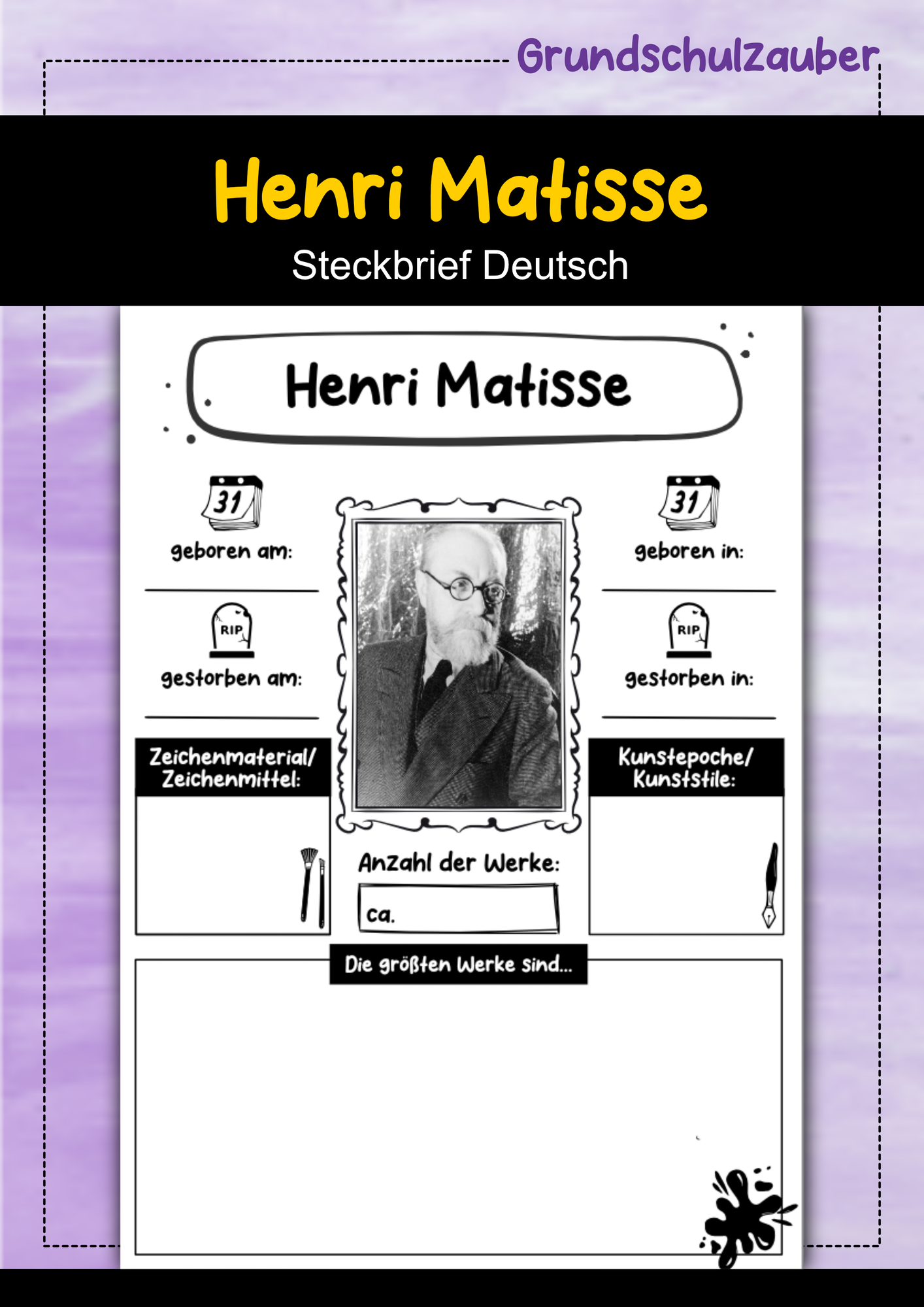 Henri Matisse Künstler Steckbrief – Unterrichtsmaterial im Fach Kunst