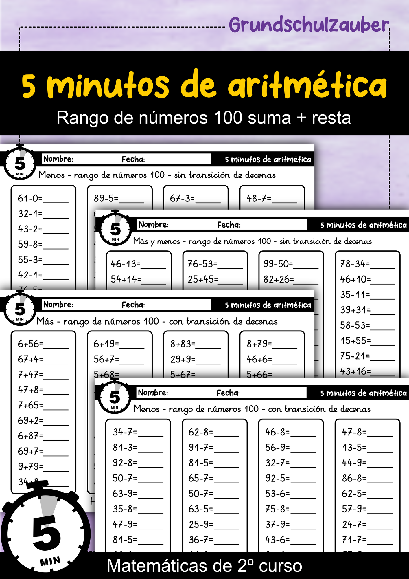 5 minutos de aritmética - rango numérico 100 suma y resta (español ...
