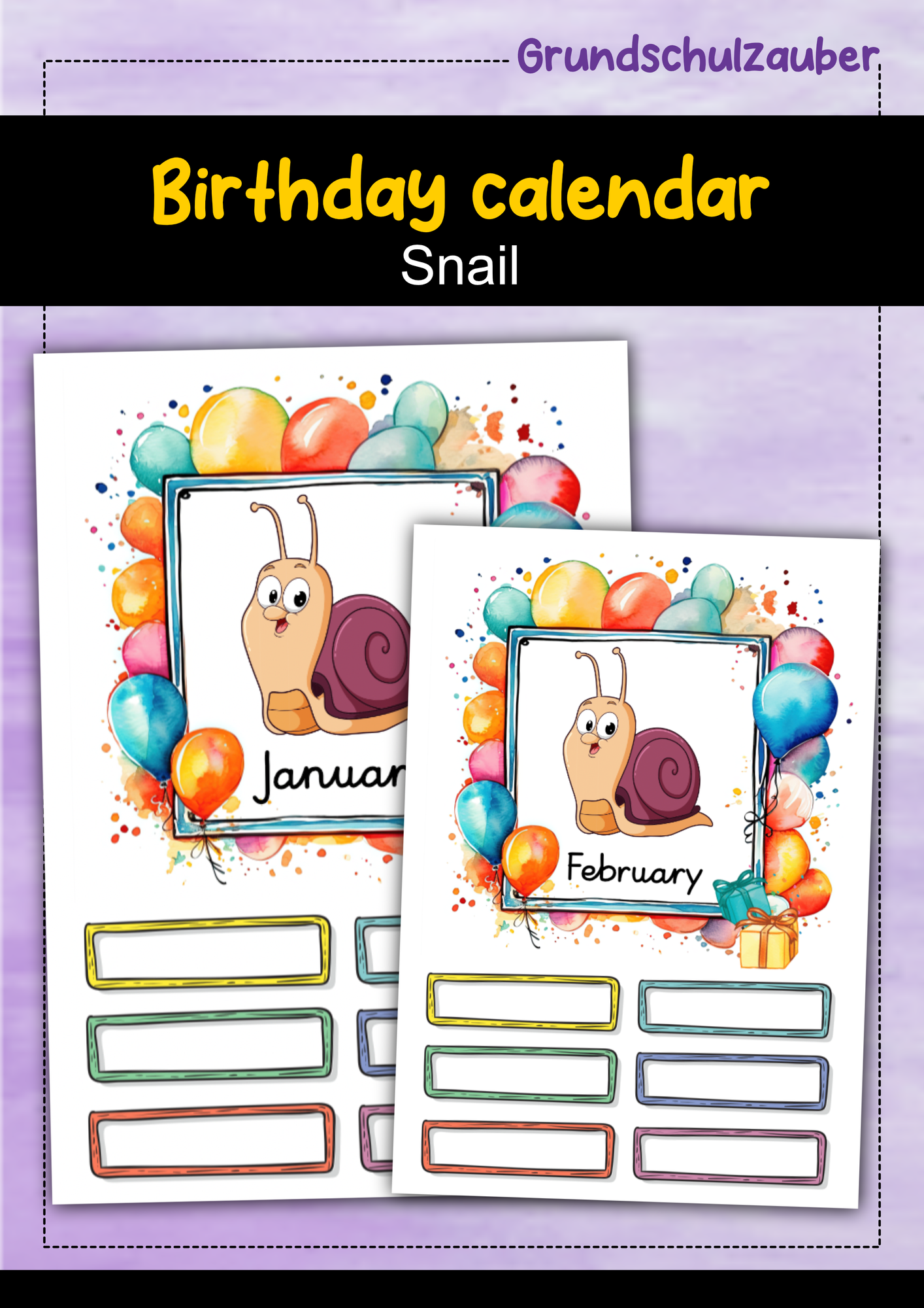 Birthday calendar Snail - Space for 6 names (English ...