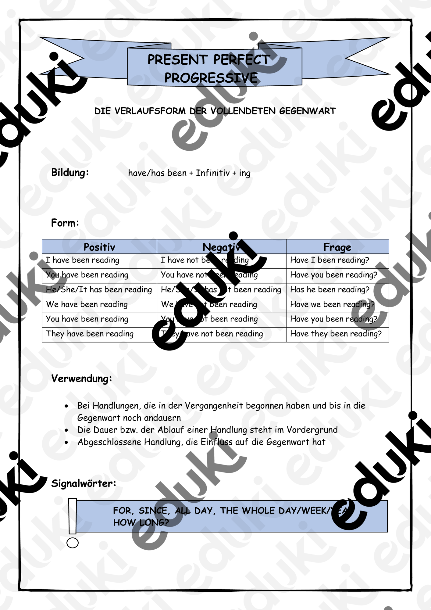 Present Perfect Progressive - Merkblatt – Unterrichtsmaterial im Fach ...