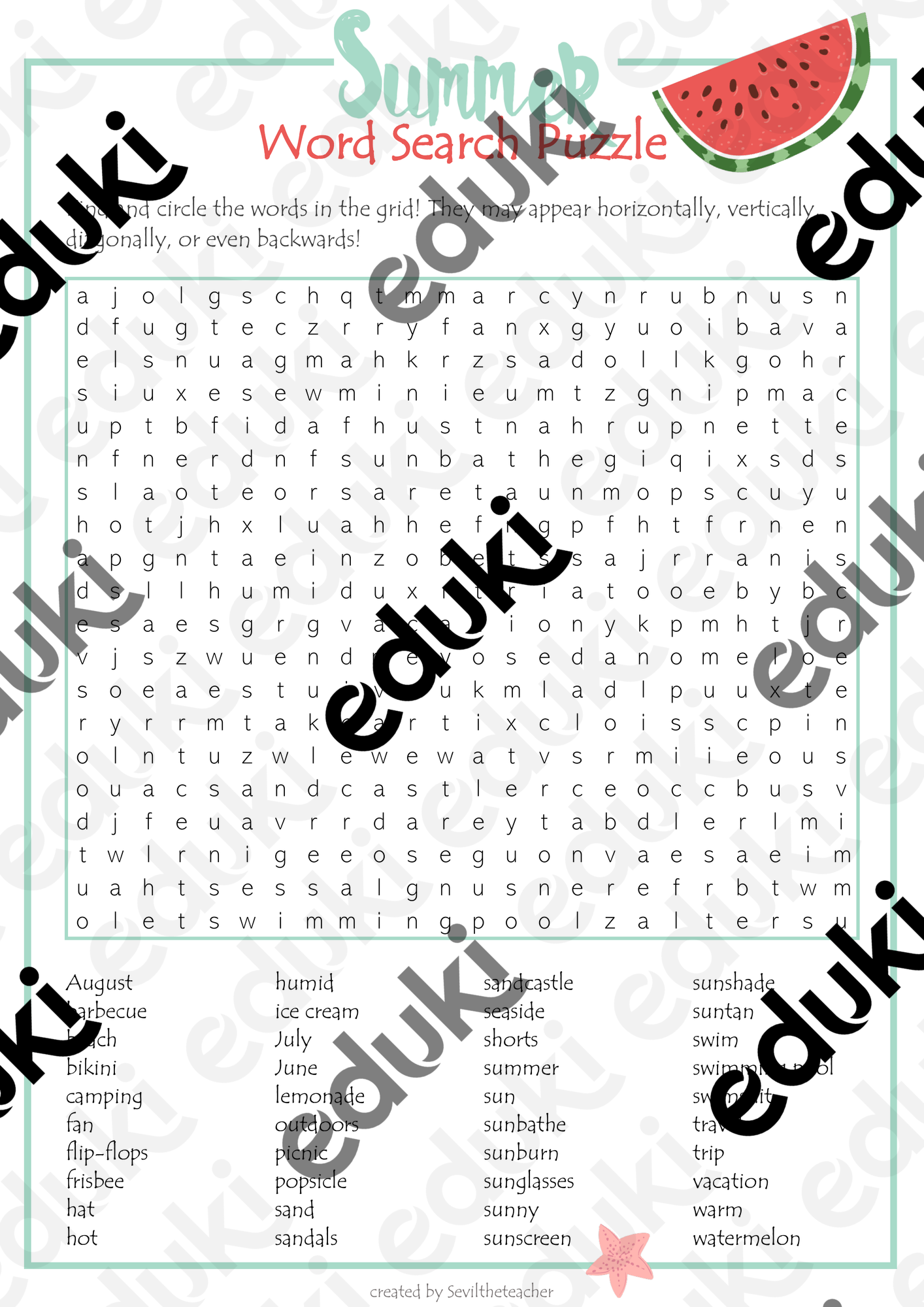 Summer Vocabulary Word Search Puzzle – Unterrichtsmaterial im Fach Englisch