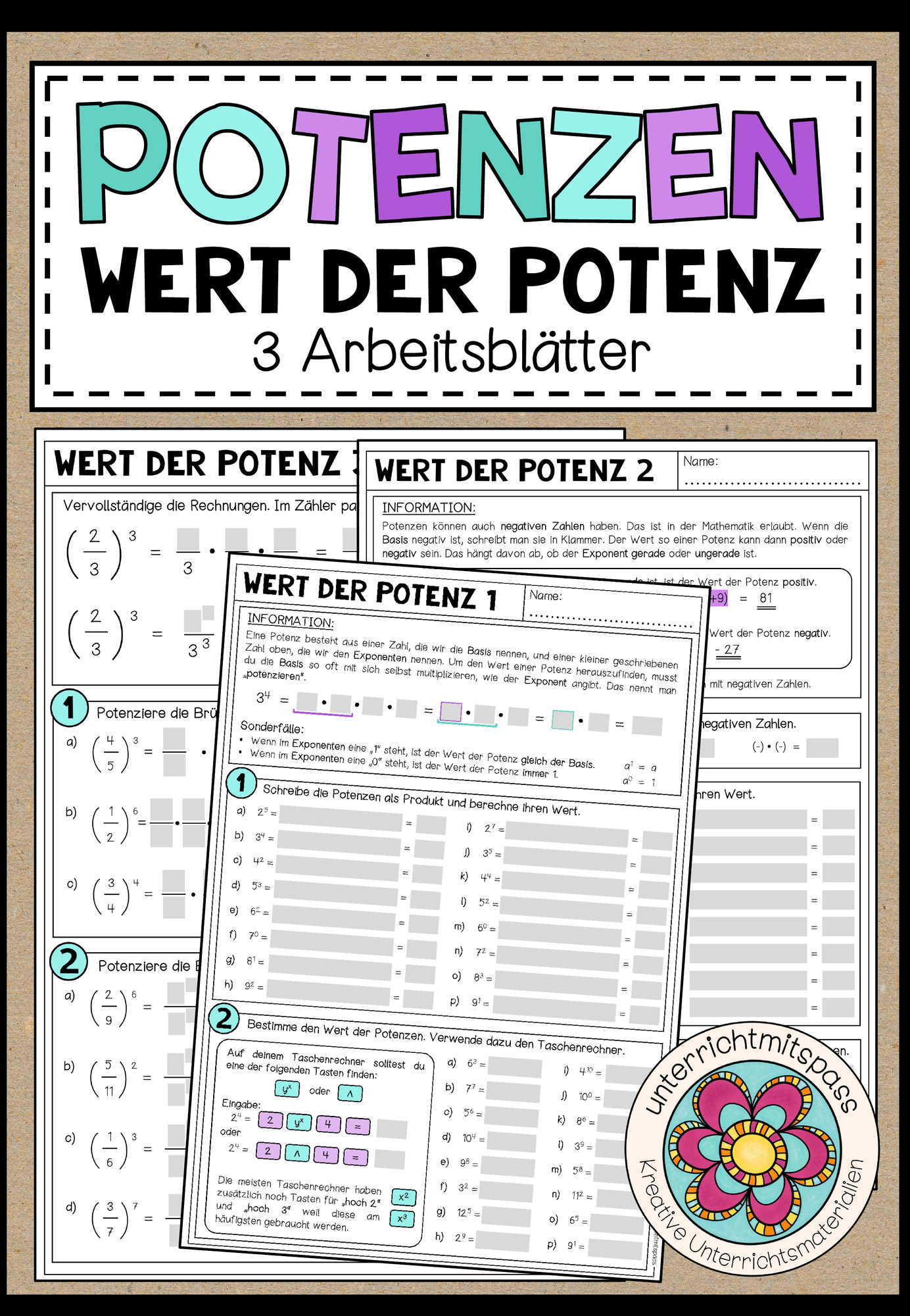 POTENZEN (Wert der Potenz) - 3 Arbeitsblätter – Unterrichtsmaterial im ...
