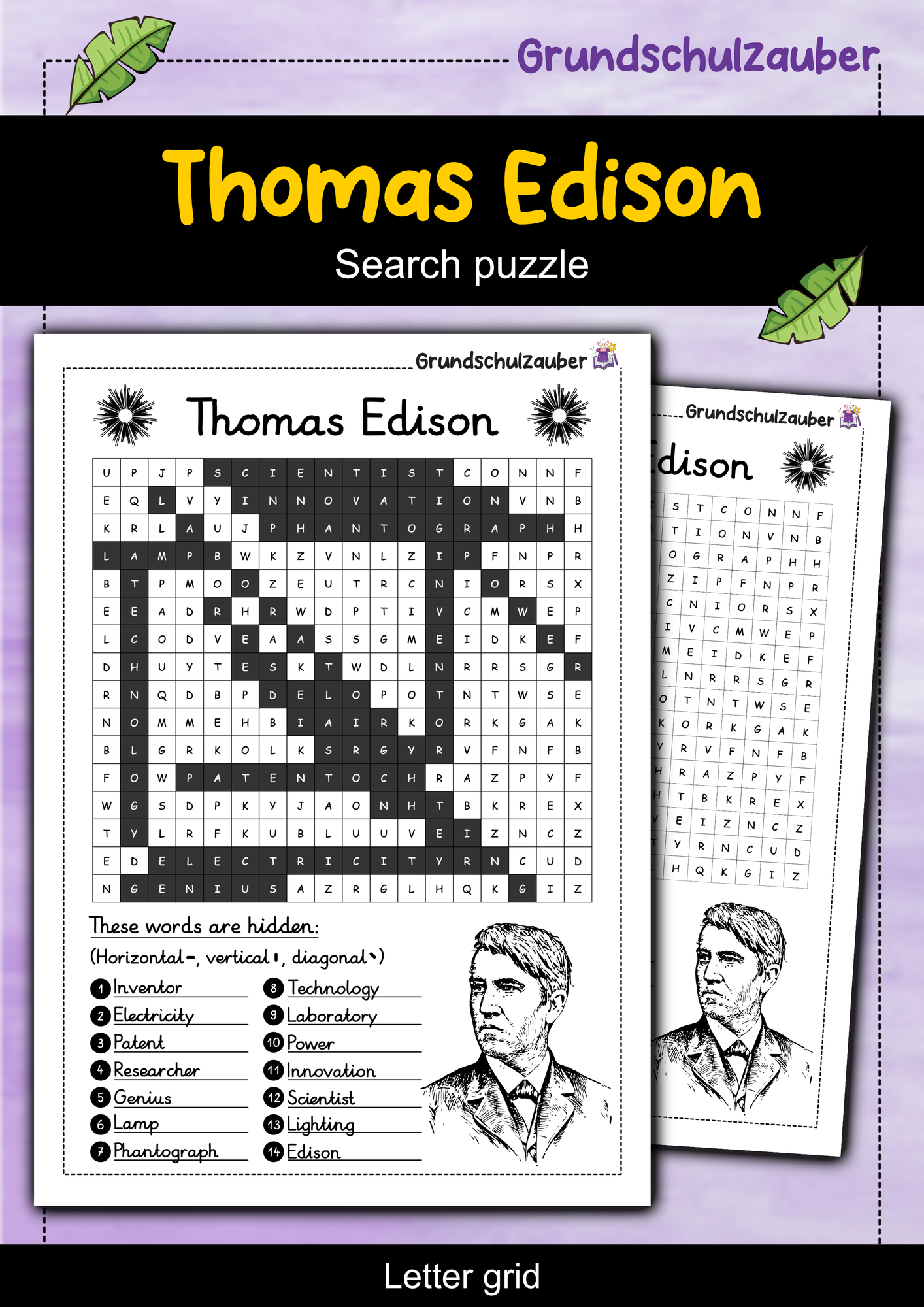 Thomas Edison search puzzle - letter grid (English ...