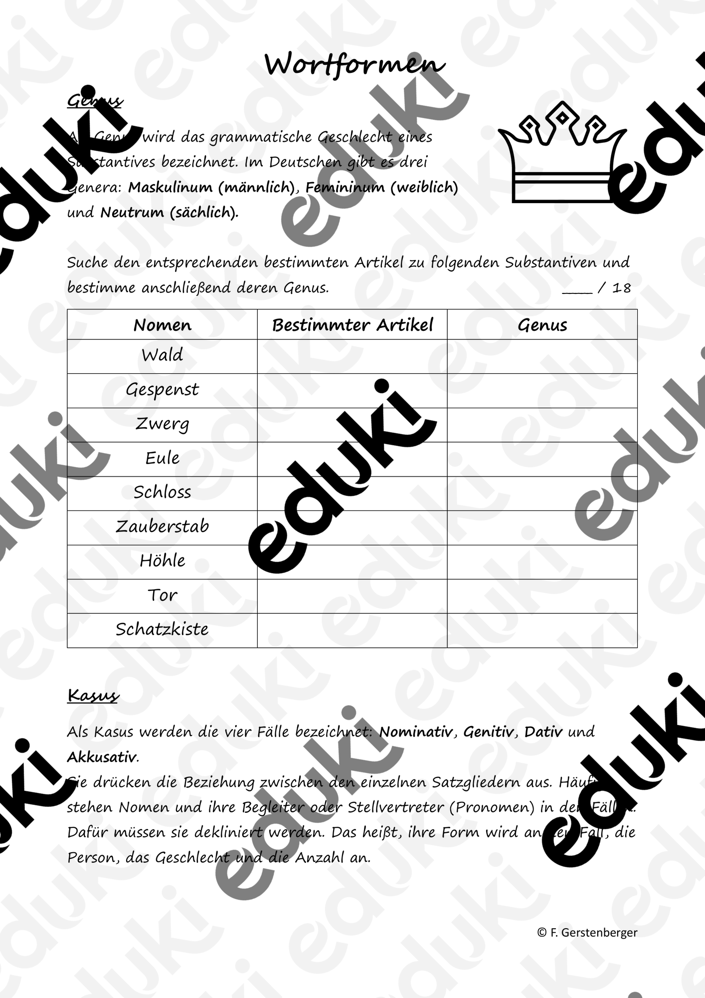 Arbeitsblatt Genus, Kasus und Numerus Klassenstufen 5 und 6 ...