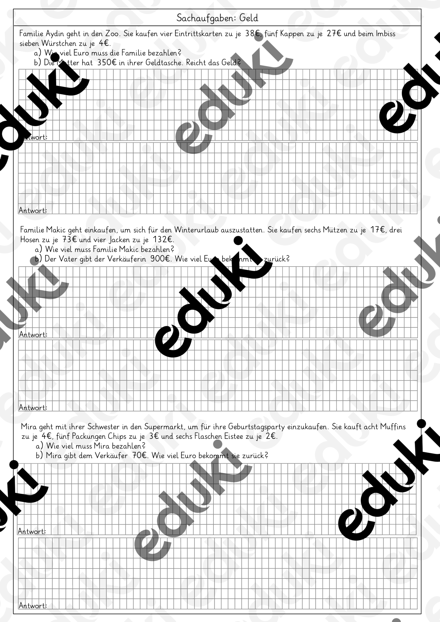 Sachaufgaben: Geld – Unterrichtsmaterial im Fach Mathematik