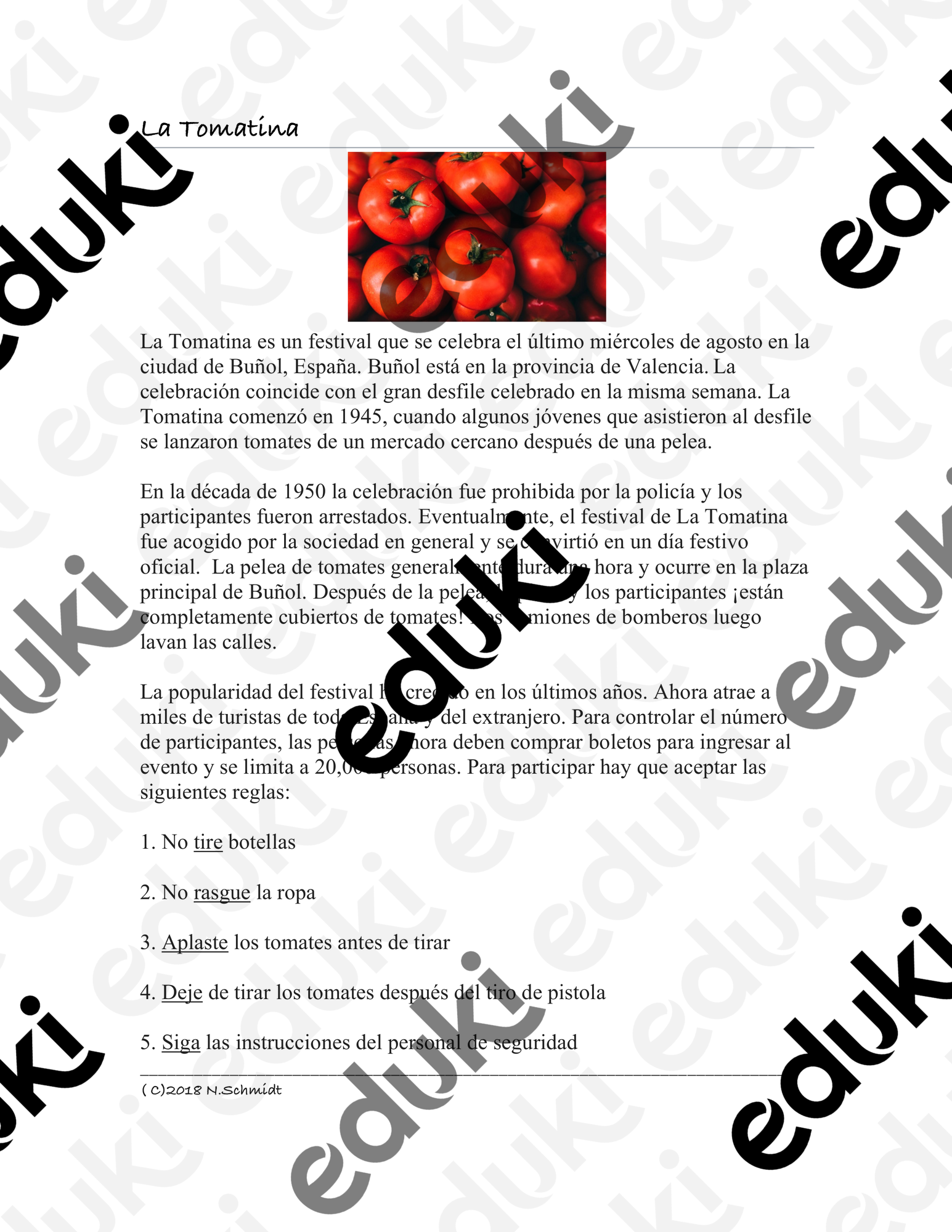 La Tomatina Lectura: Spanisch / Text – Unterrichtsmaterial im Fach Spanisch