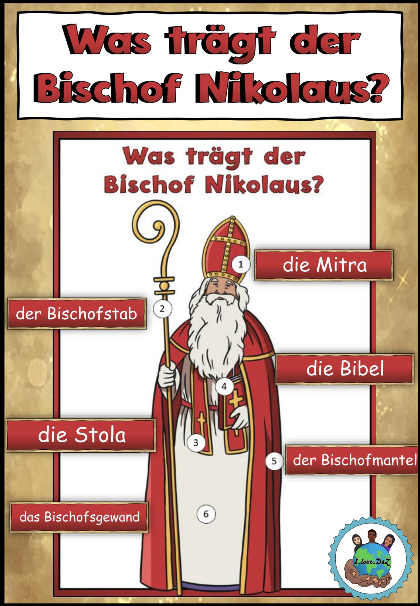 "Was trägt der Bischof Nikolaus?" Tafelmaterial und Arbeitsblatt - DaZ ...