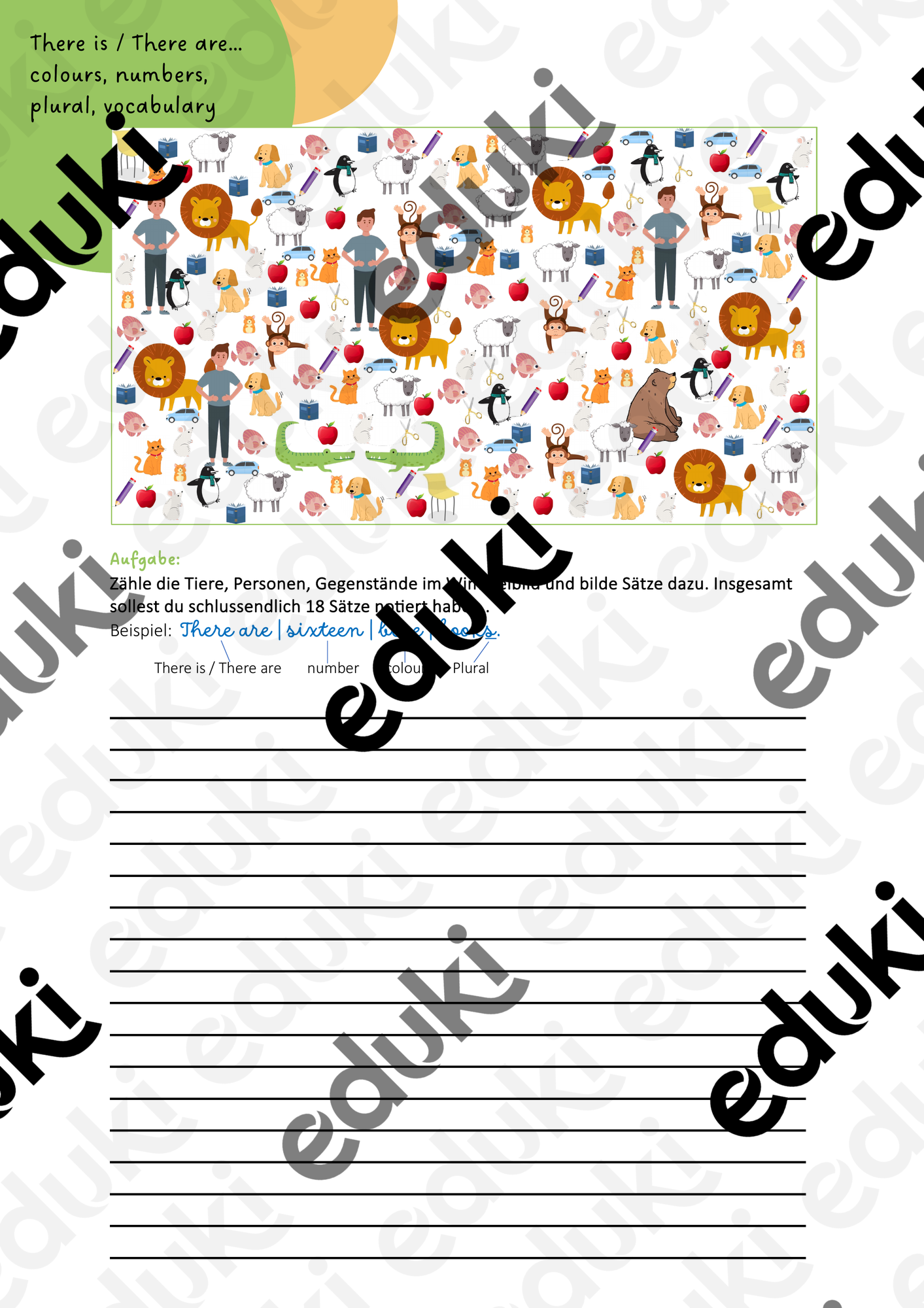 Arbeitsblatt zu Plural, Colours, Numbers, There is/are ...