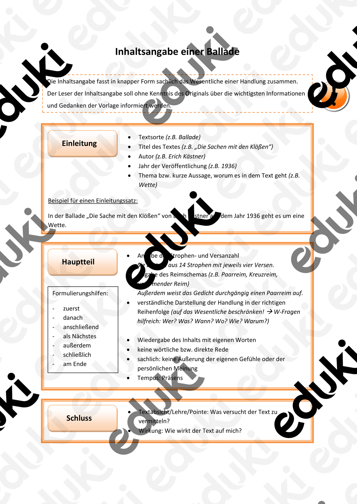 Merkblatt: Inhaltsangabe einer Ballade – Unterrichtsmaterial im Fach ...