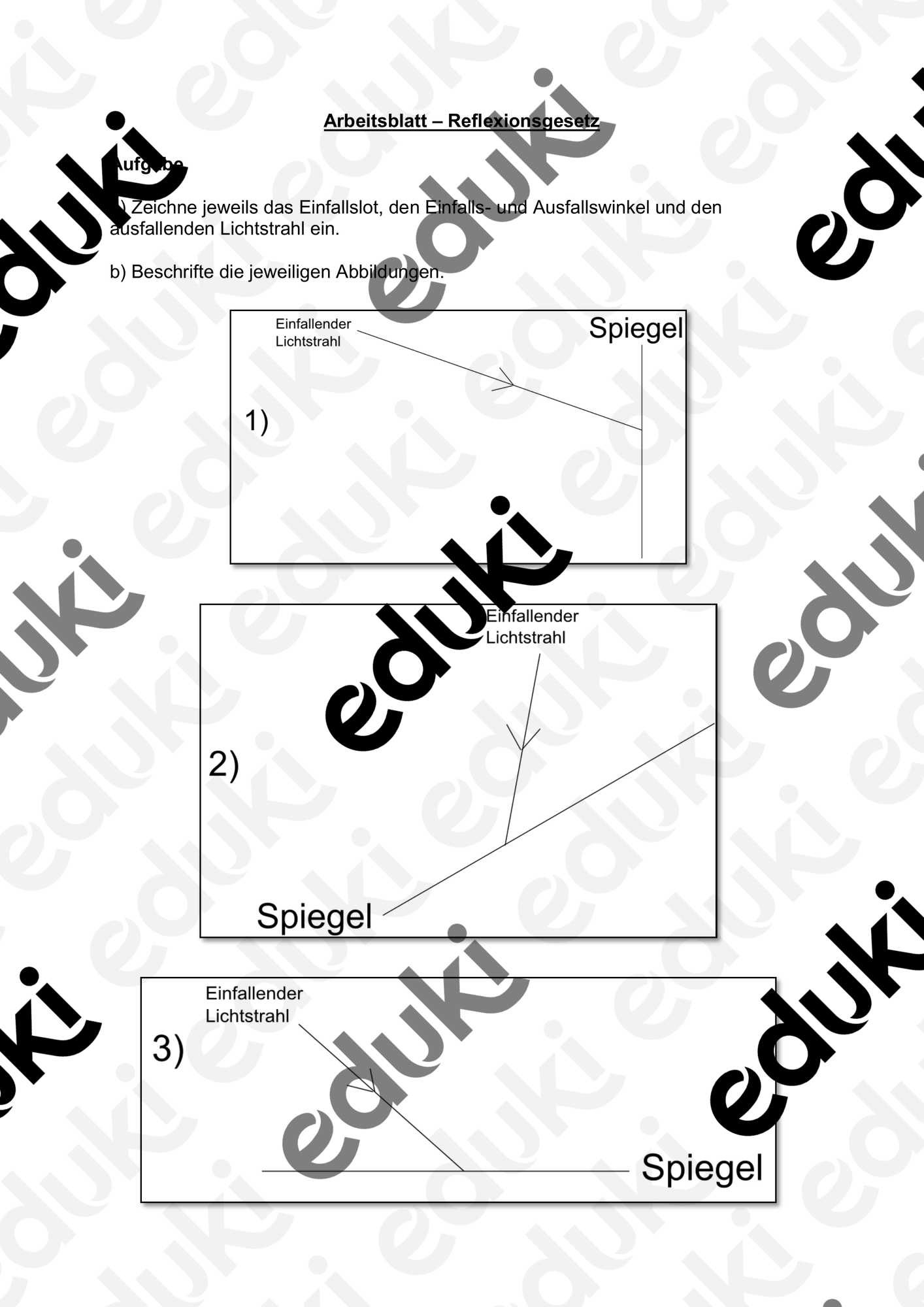 Arbeitsblatt - Winkel einzeichnen - Reflexionsgesetz ...