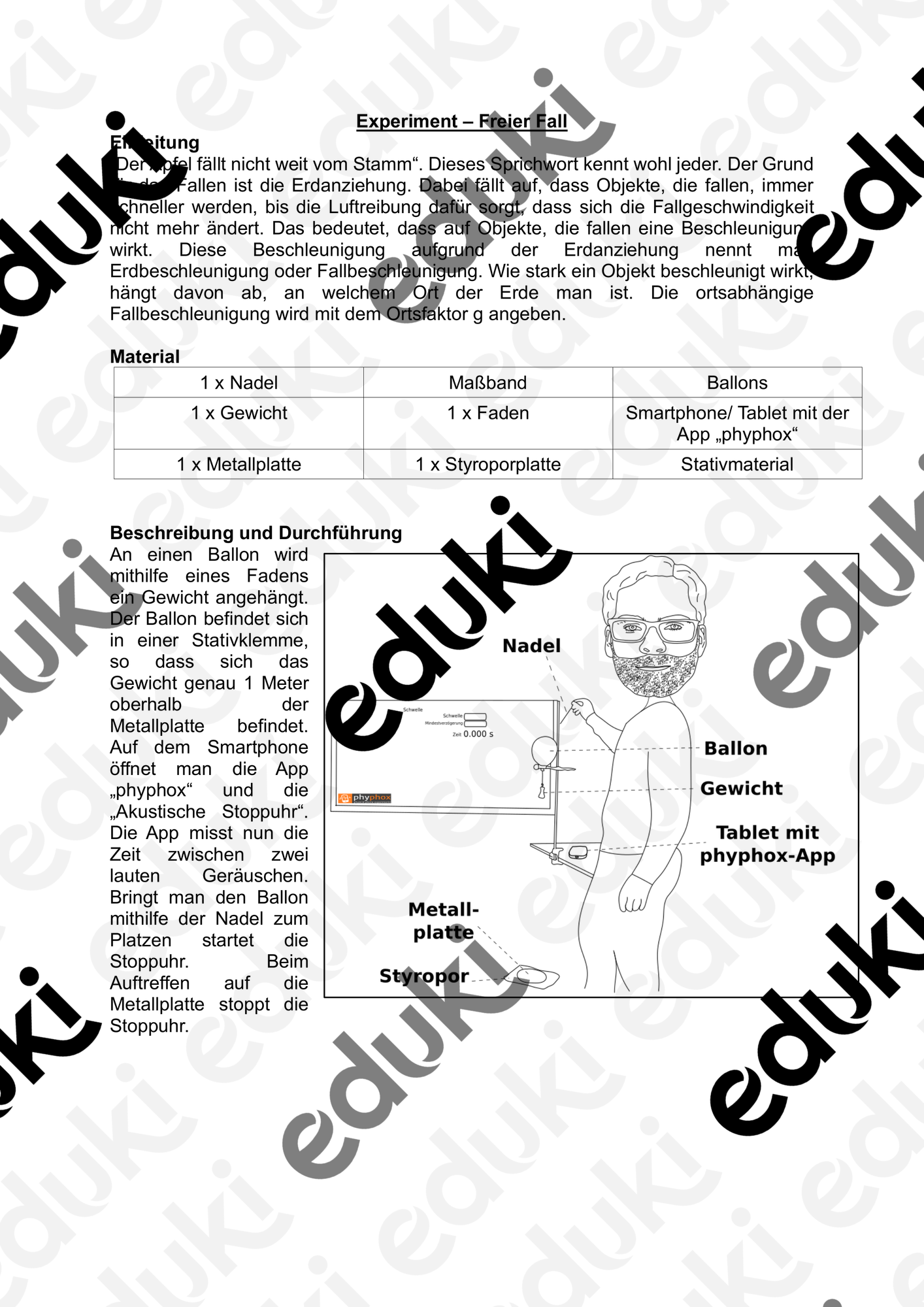 Experiment - Freier Fall - Bestimmung Ortsfaktor – Unterrichtsmaterial ...