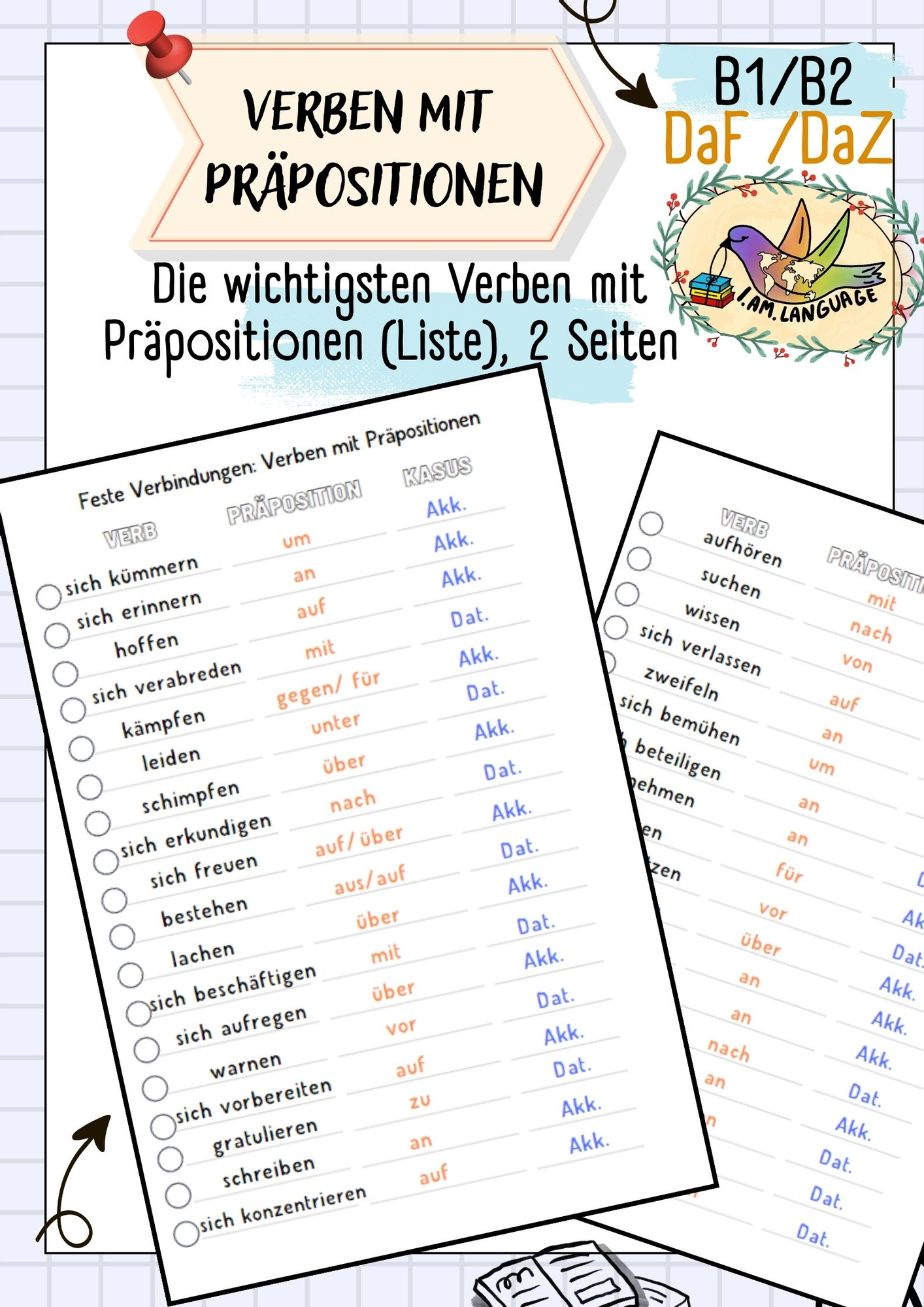 Liste der wichtigsten Verben mit Präpositionen, DaZ/ DaF (B1/B2 ...