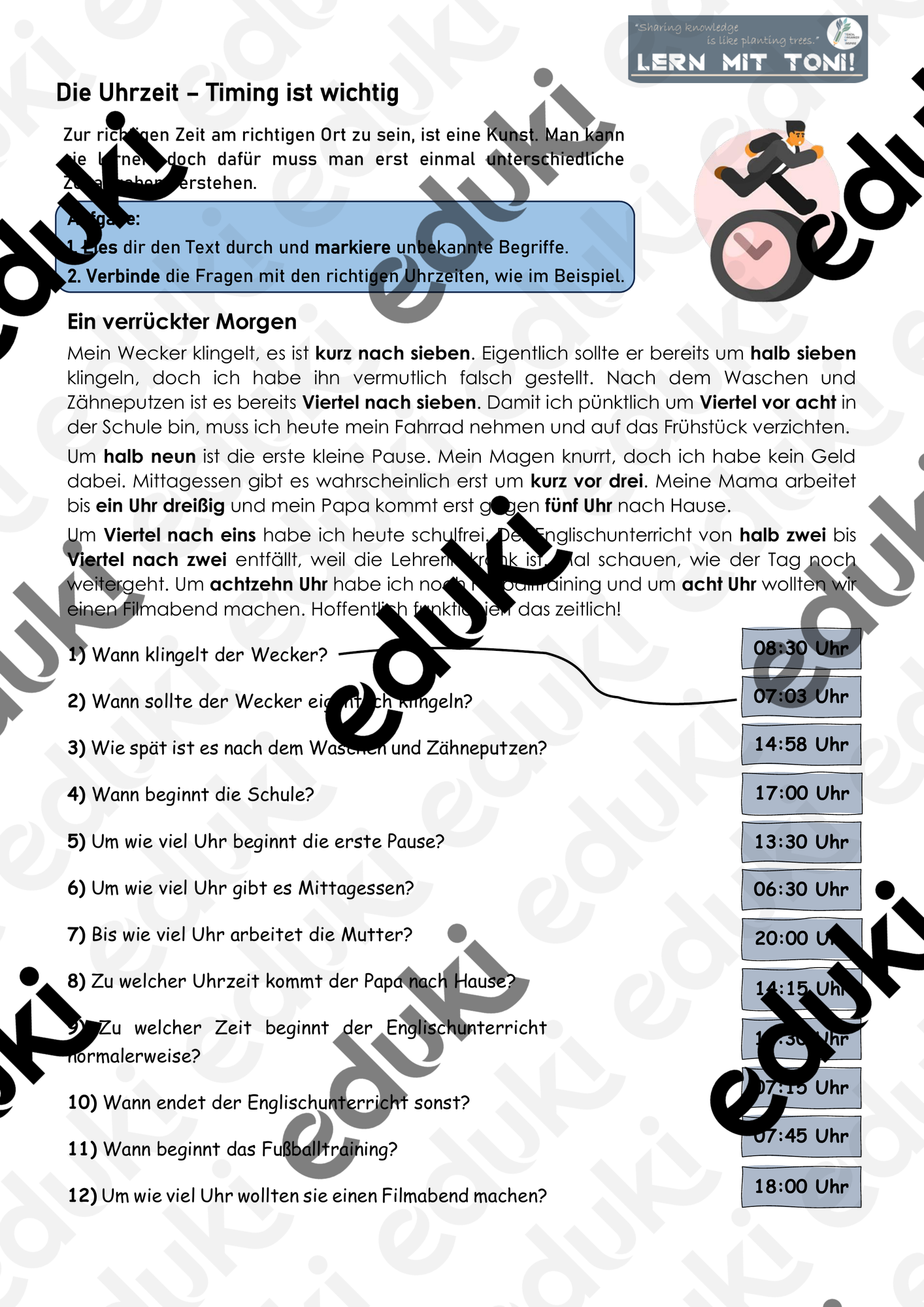 Die Uhrzeit – Timing ist wichtig – Unterrichtsmaterial in den Fächern ...