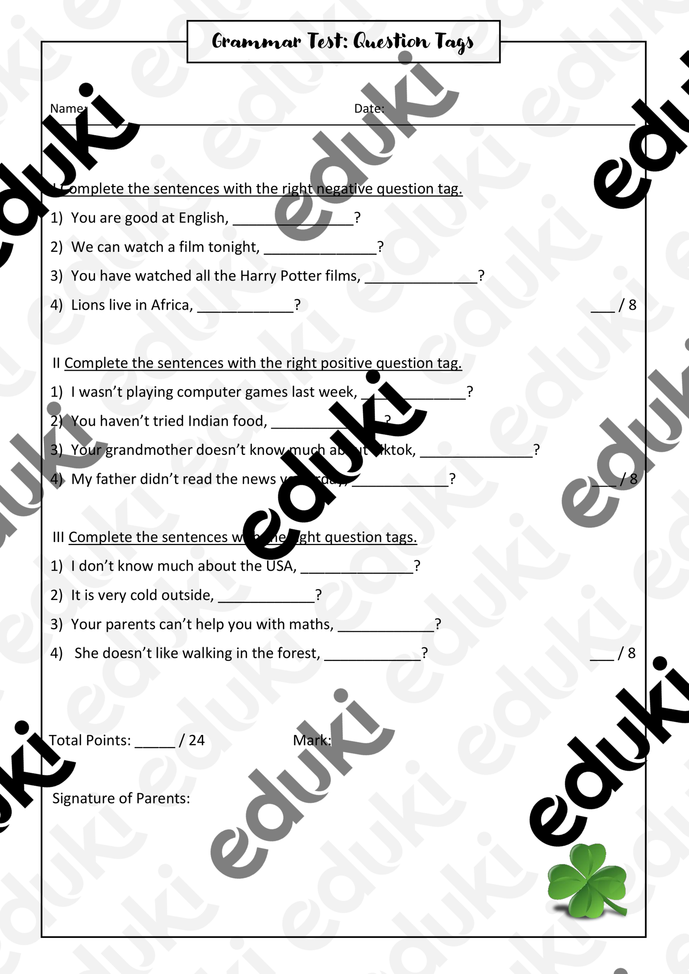 Grammar Test Question Tags / Questions in English – Unterrichtsmaterial ...