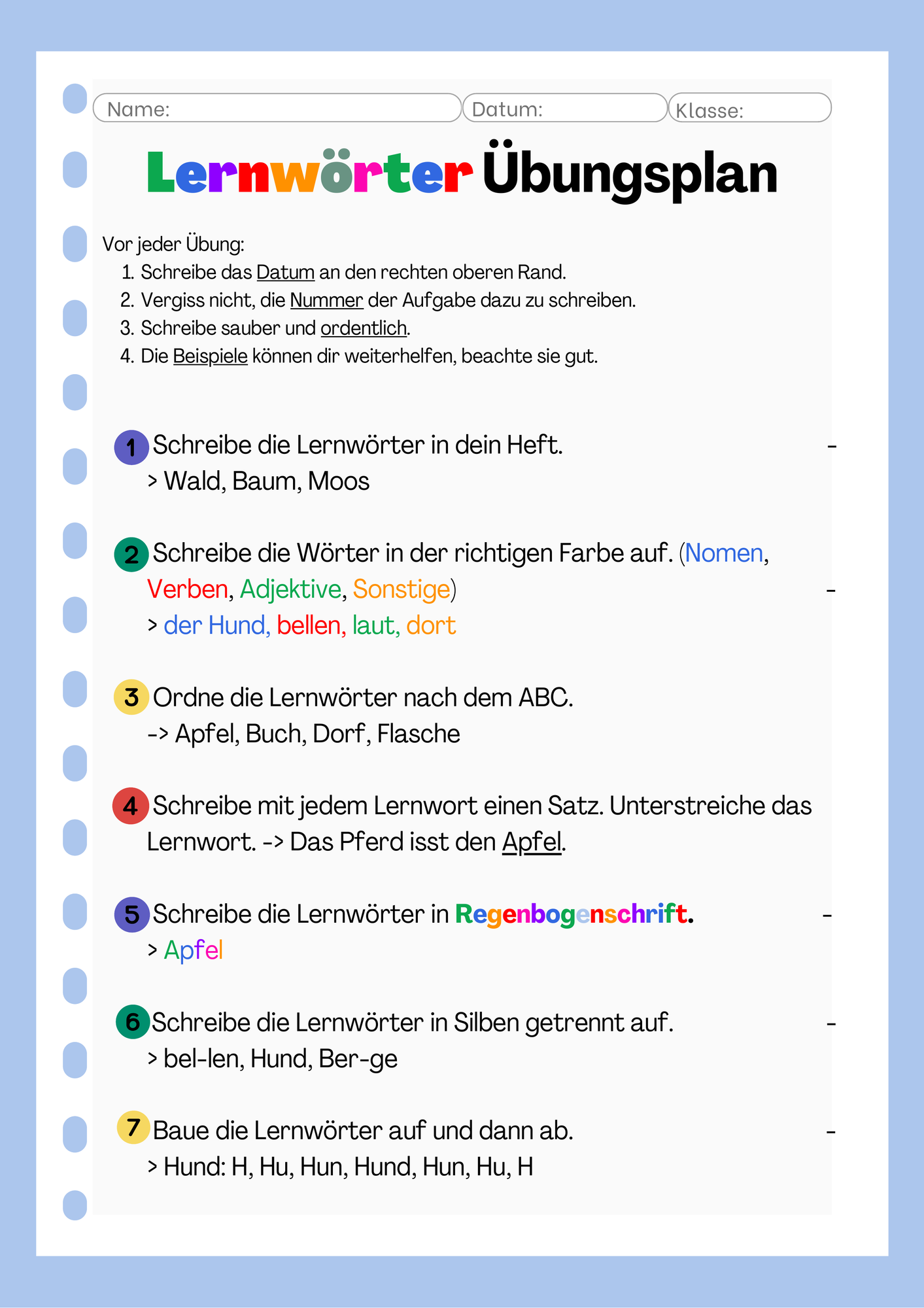 Lernwörter Übungsplan – Unterrichtsmaterial im Fach Deutsch