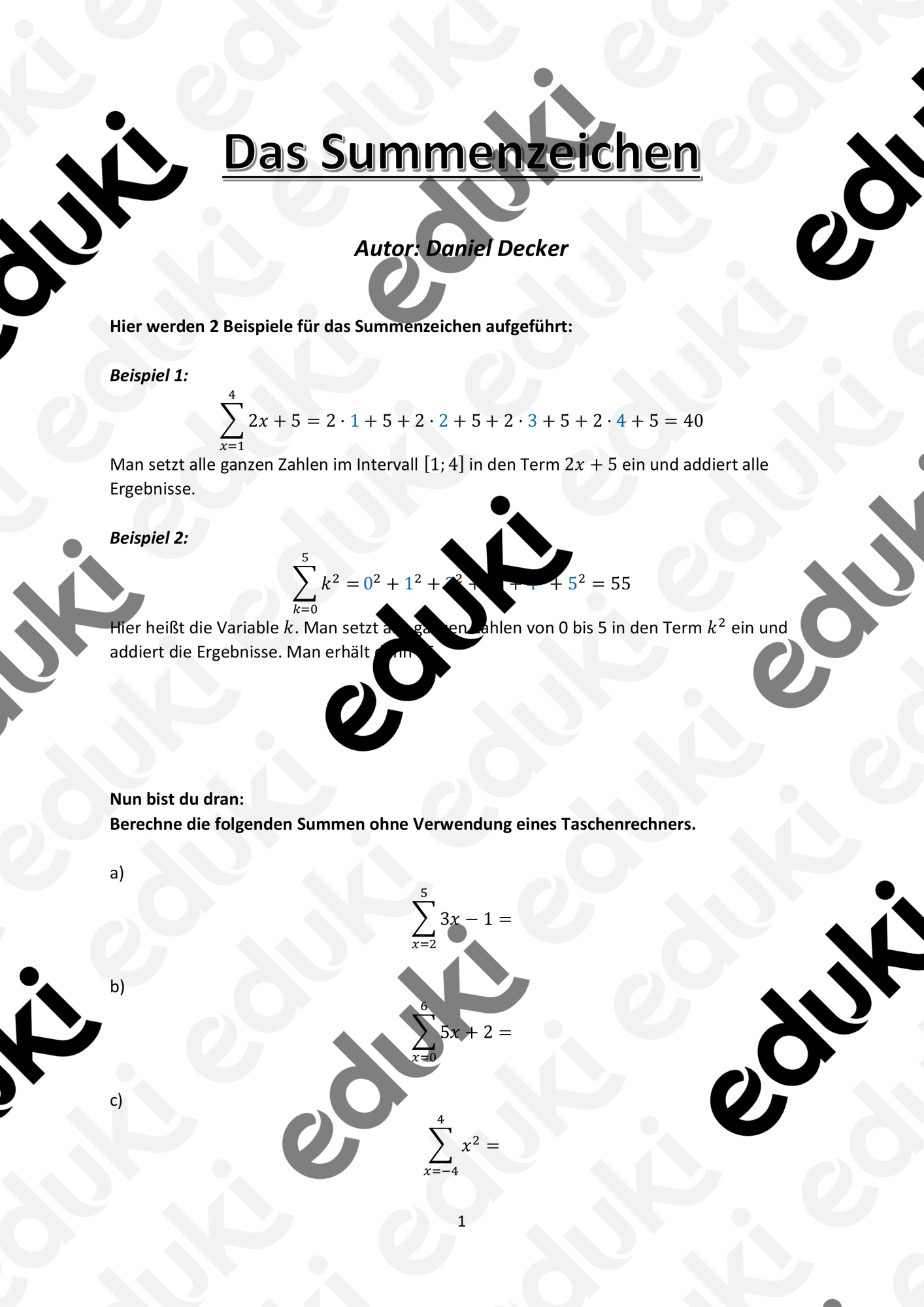 Summenzeichen – Unterrichtsmaterial im Fach Mathematik