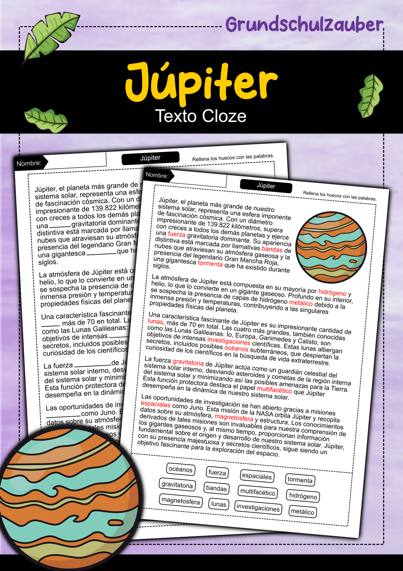 Júpiter - Cloze con solución - Planetas (español) – Unterrichtsmaterial ...