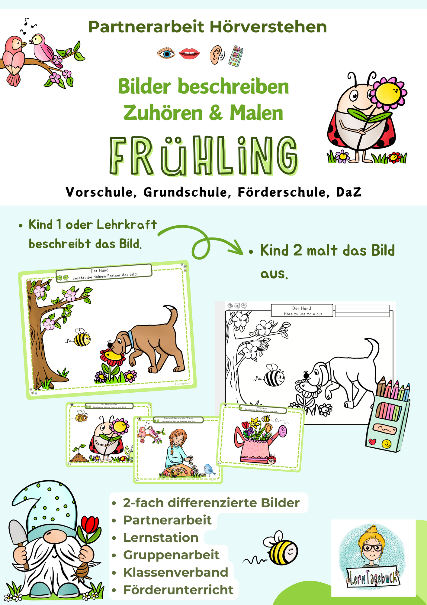 Hörverstehen Frühling Partnerarbeit, Zuhören, Bilder beschreiben ...