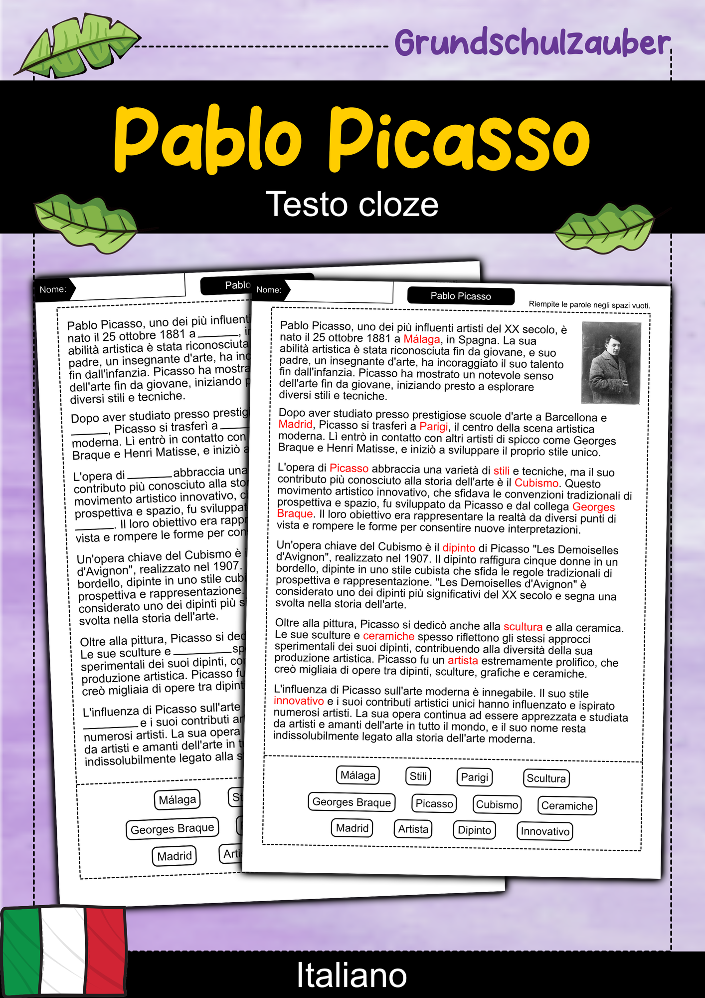 Pablo Picasso - Cloze con soluzione - Personaggi famosi (italiano ...