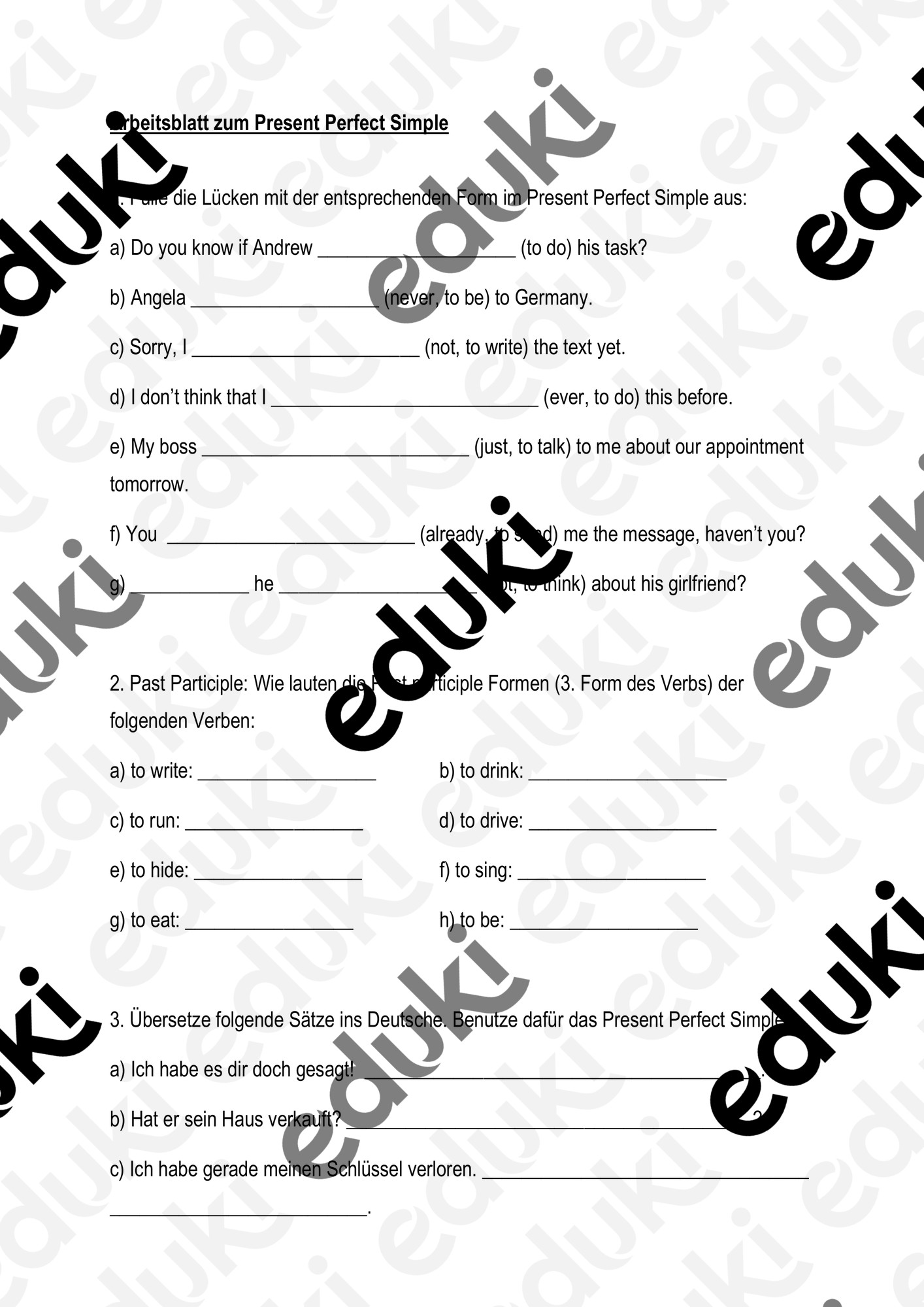 Present Perfect Simple Arbeitsblatt V2 – Unterrichtsmaterial im Fach ...