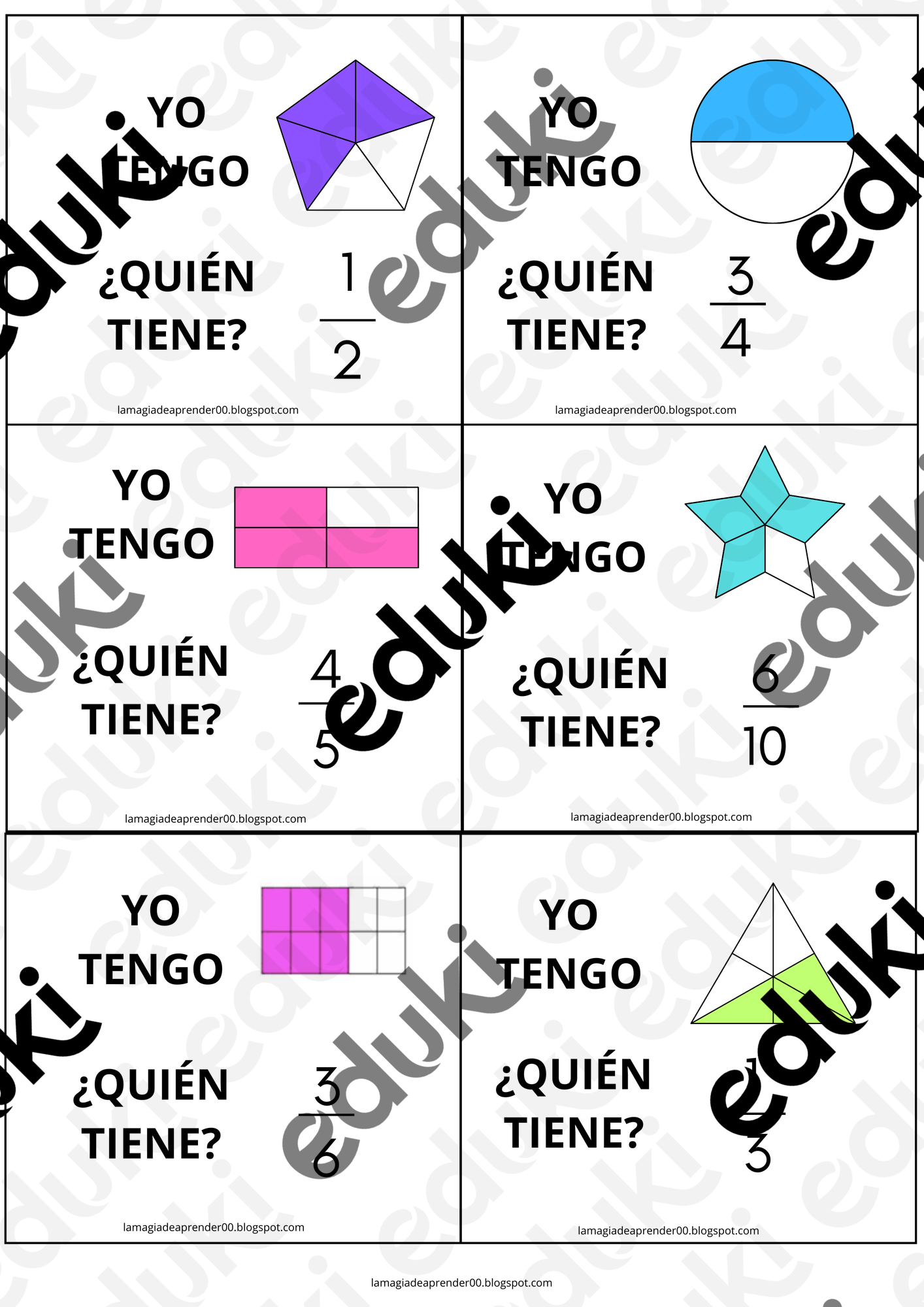 FRACCIONES: JUEGO TARJETAS: YO TENGO, ¿QUIÉN TIENE? - material de la ...