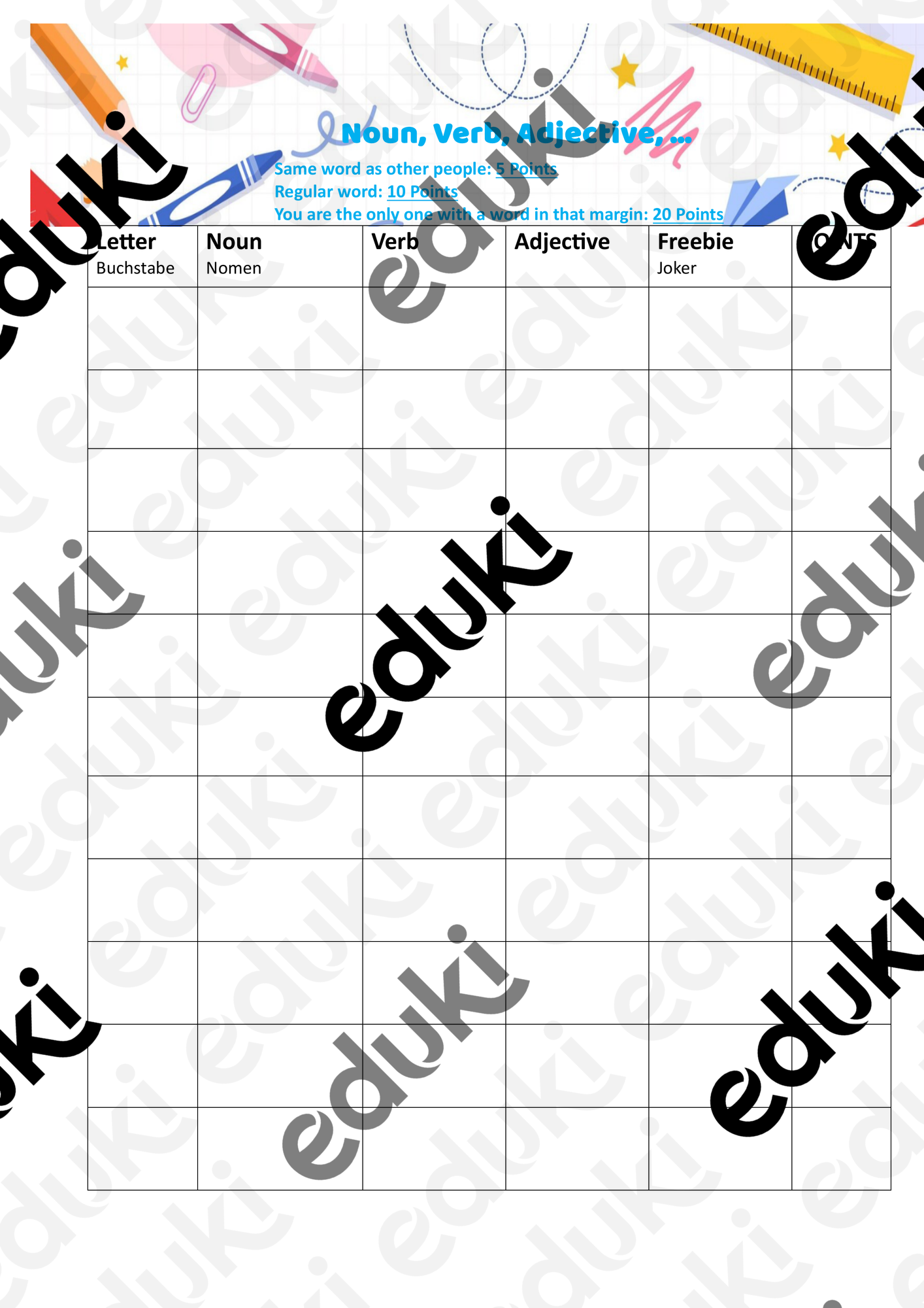 Noun, Verb, Adjective Warm Up (wie Stadt Land Fluss) Vokabelspiel ...
