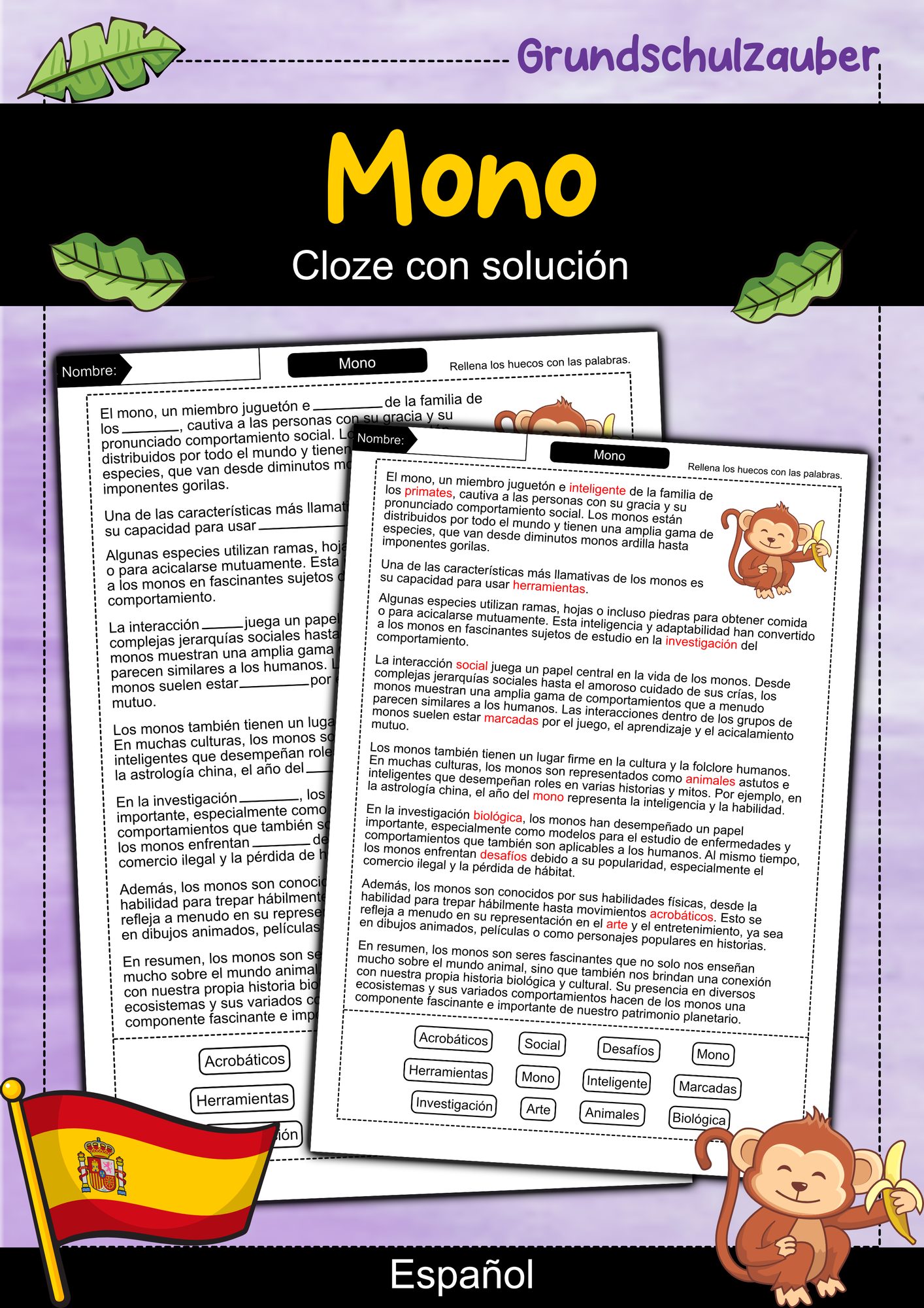 Mono - Cloze con solución - Animales (Español) – Unterrichtsmaterial in ...
