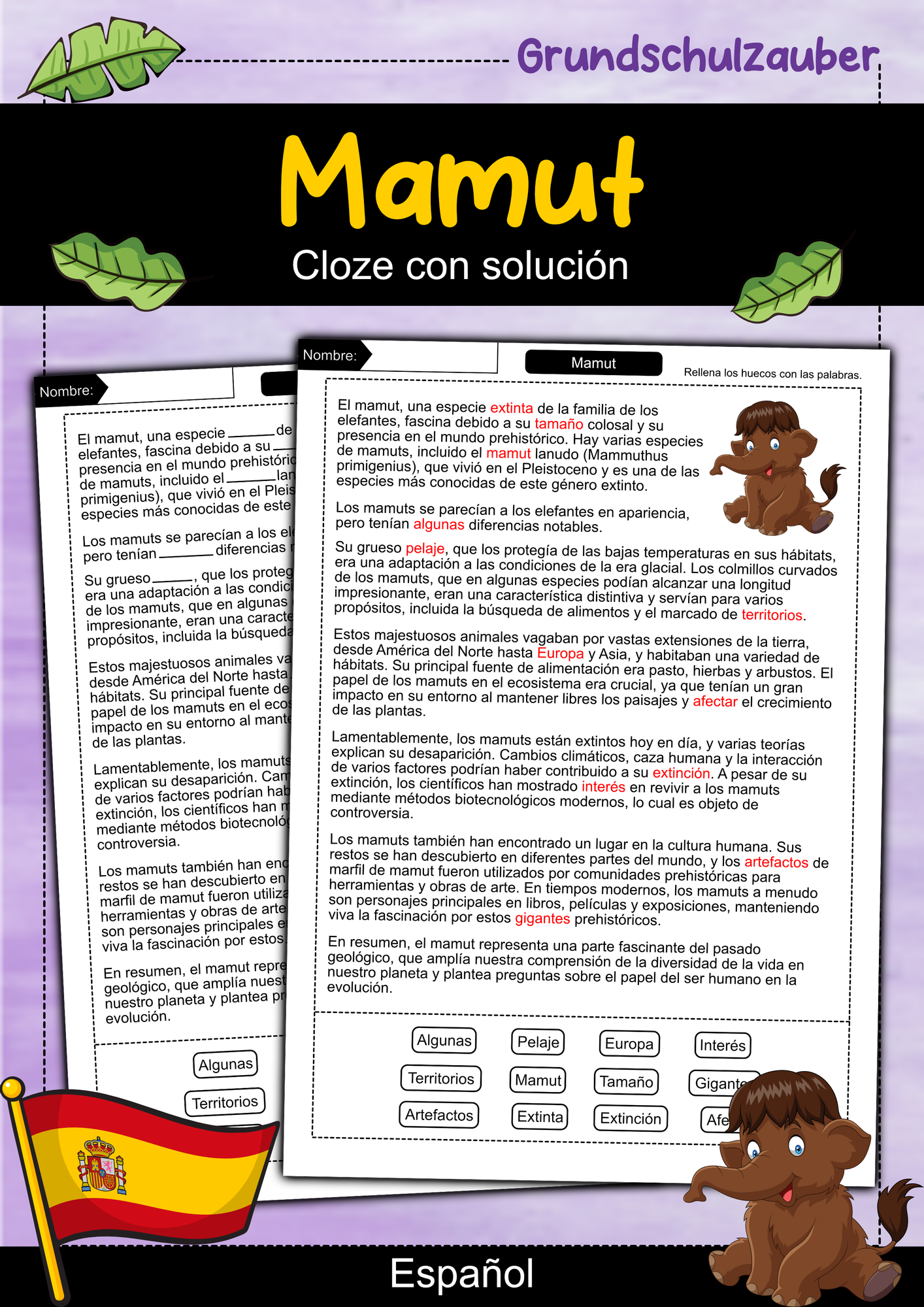 Mamut - Cloze con solución - Animales (Español) – Unterrichtsmaterial ...