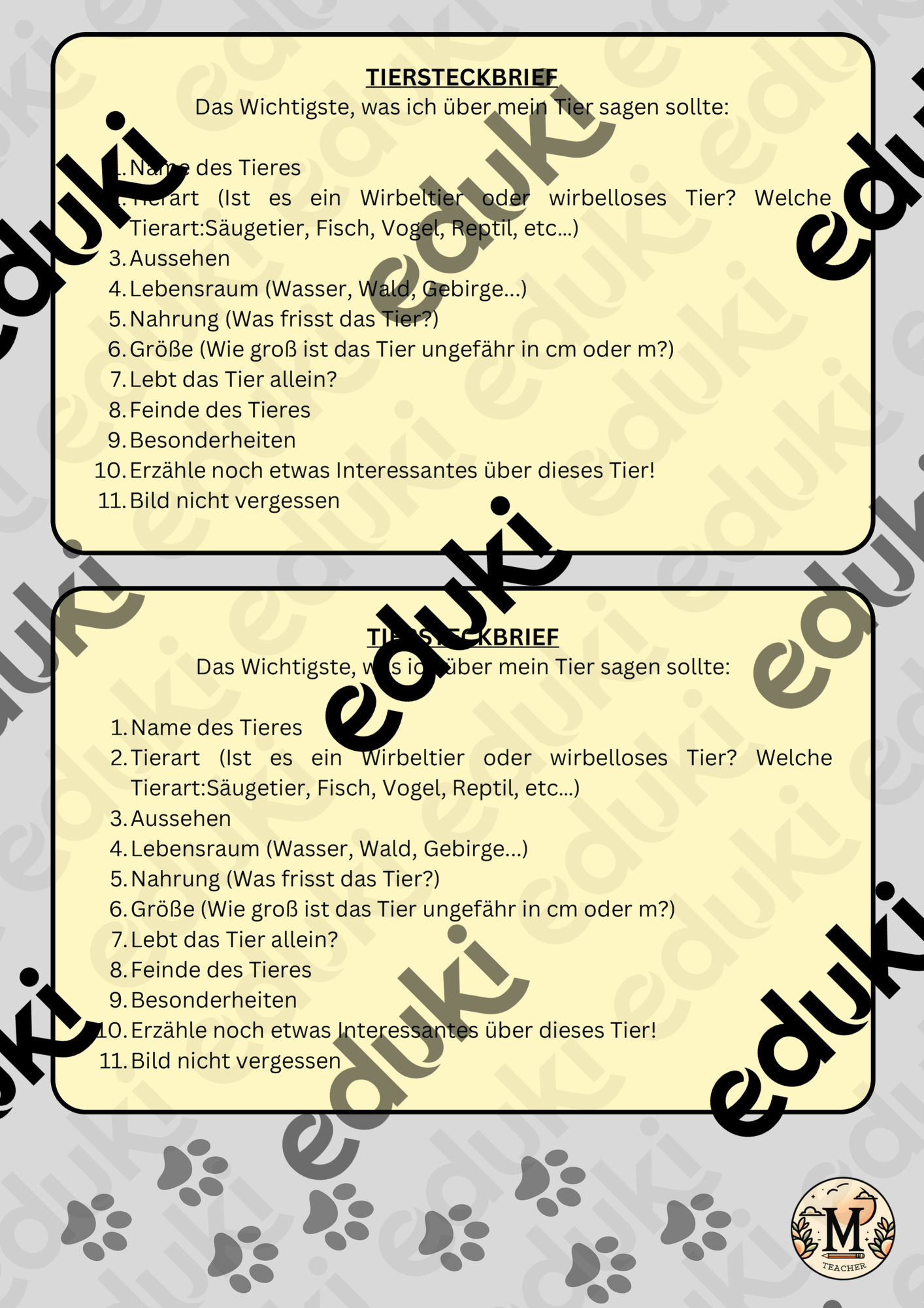 Tiersteckbriefe – Unterrichtsmaterial in den Fächern Sachunterricht ...