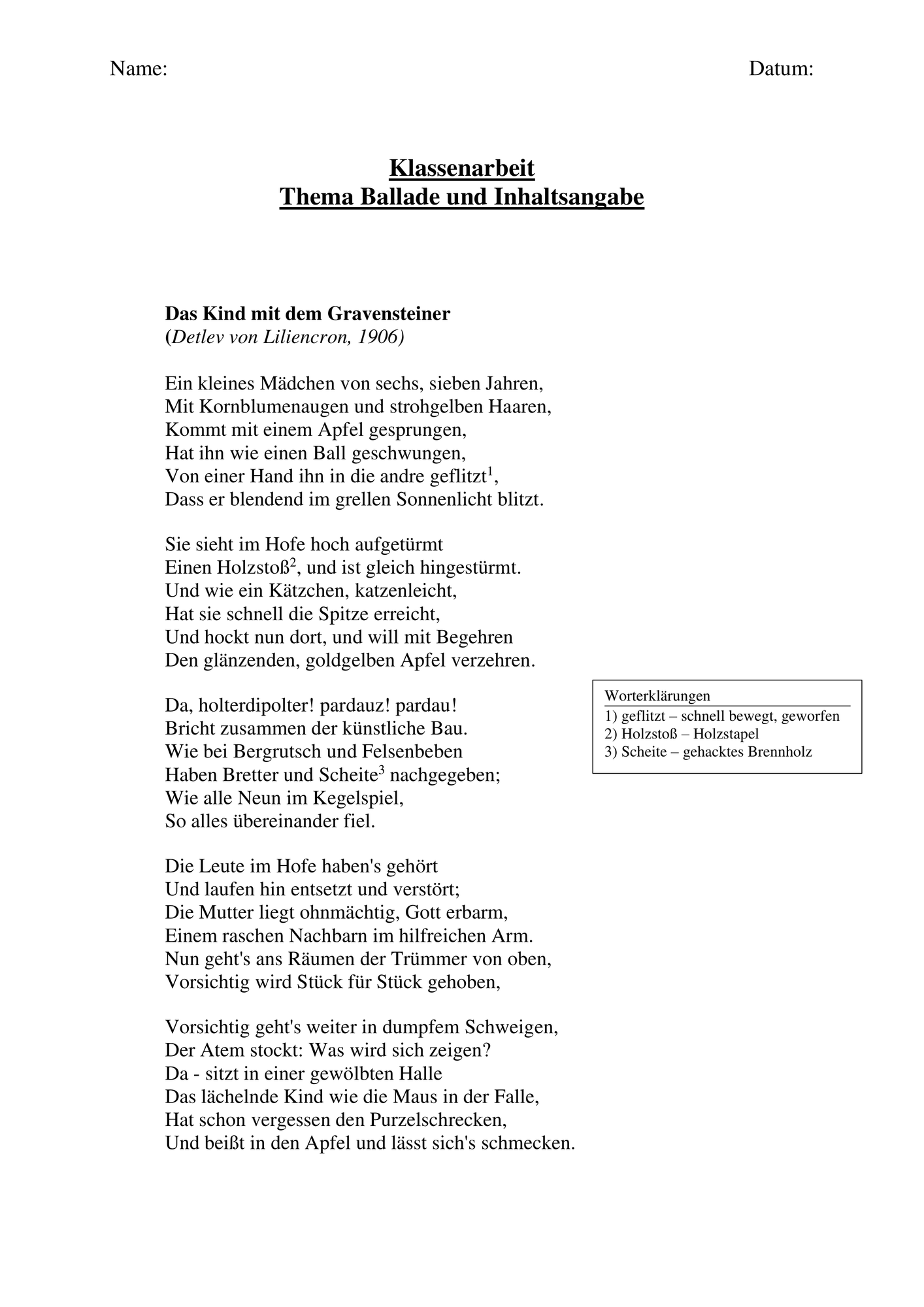 Klassenarbeit zum Thema „Ballade und Inhaltsangabe ...